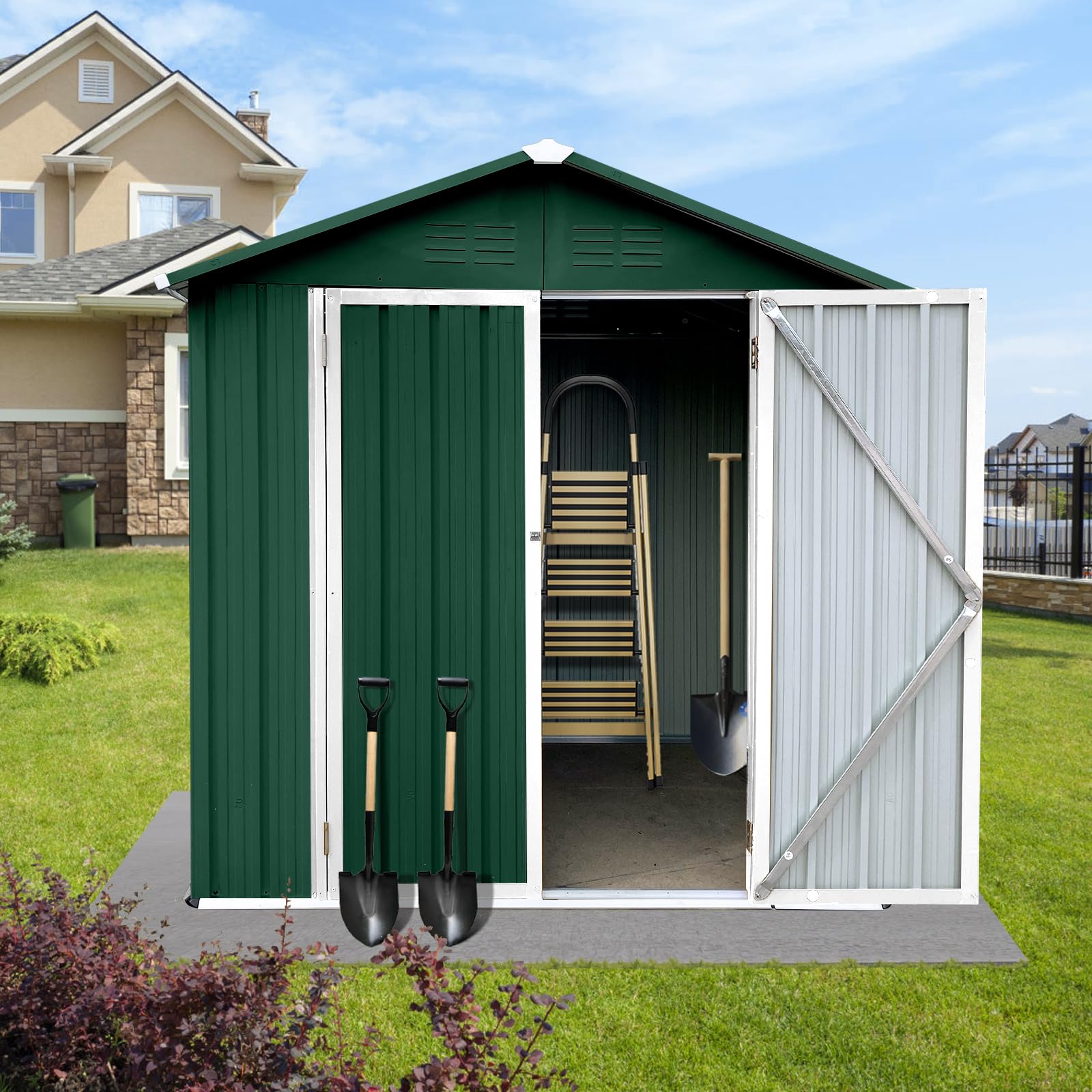 Okak 4FTx6FT Outdoor Storage Shed With Lockable Doors Galvanized Metal ...