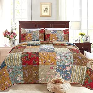 Cozy Line Home Fashions Ryleigh Floral Print Real Plaid Patchwork, 100% ...