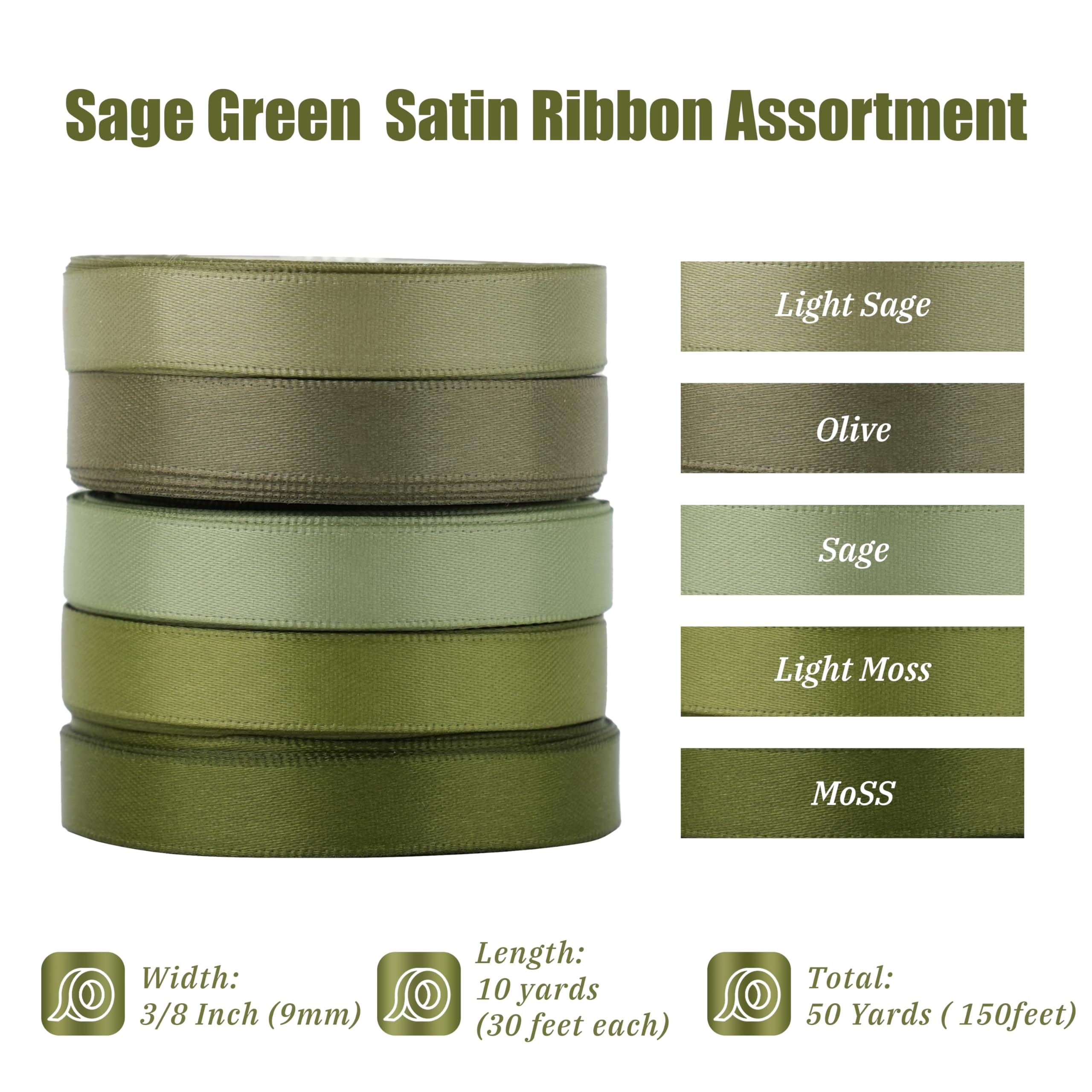 DINDOSAL Sage Green Ribbon 3/8 Inch Moss Green Satin Ribbon 5 Rolls ...