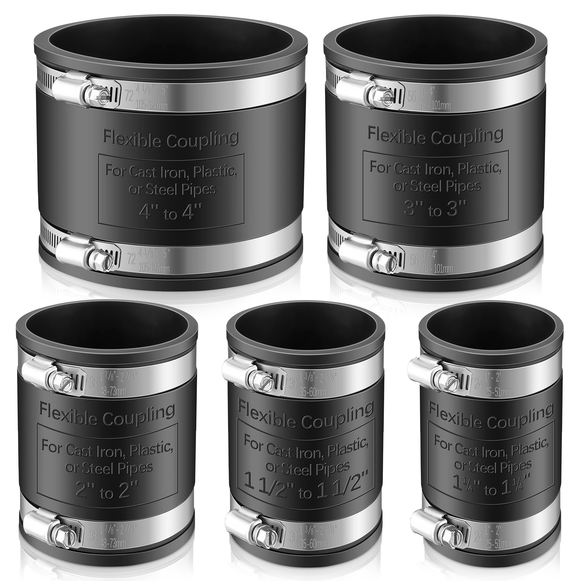 Enhon 5 Pcs Flexible PVC Pipe Coupling, with Stainless Steel Clamps, 1 ...