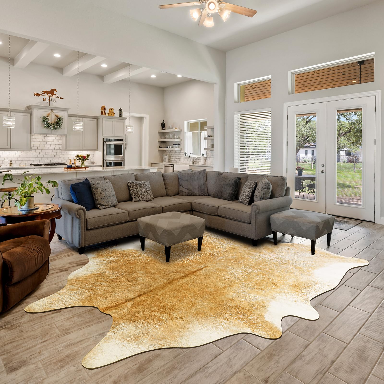 Rtizon Faux Cowhide Rug for Living Room, 4.6 x 5.2 Feet Khaki, Cow ...