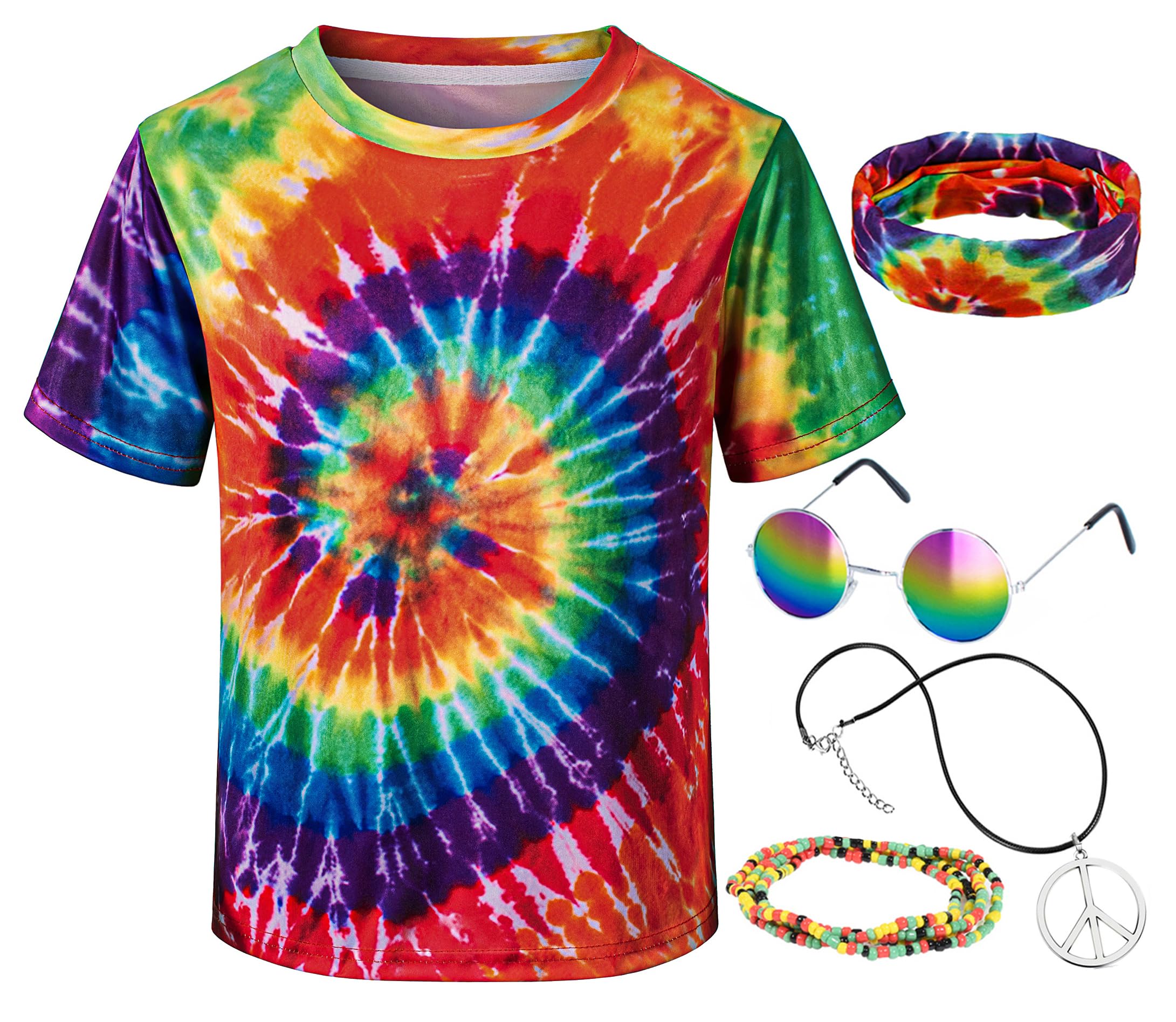 Hippie Costume for Men Momen 60s 70s Colorful T-Shirt 5 PCS Accessories Set for Theme Party X ...