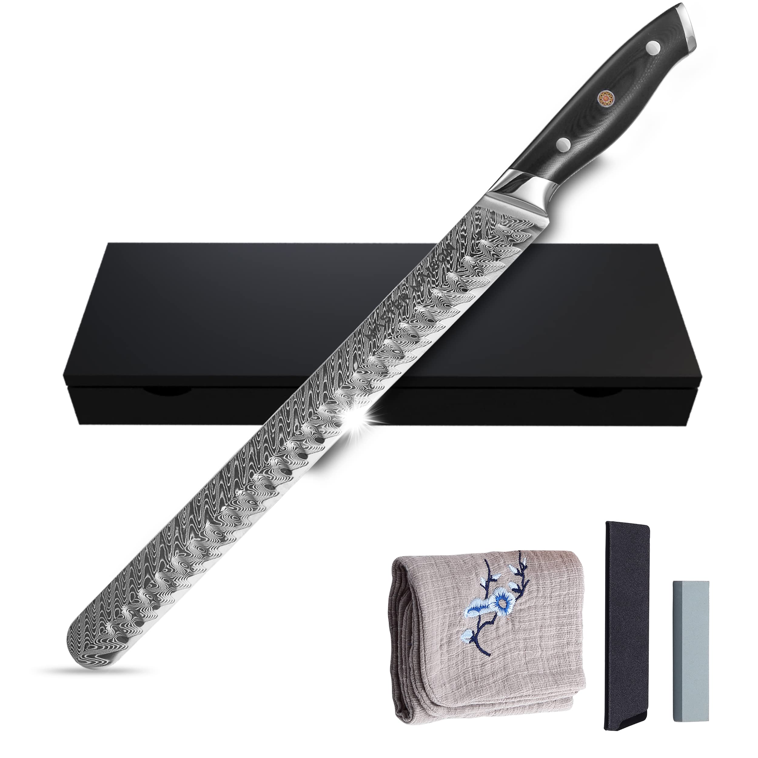 Master Maison 12" Damascus Steel Granton Edge Carving Knife With Full ...