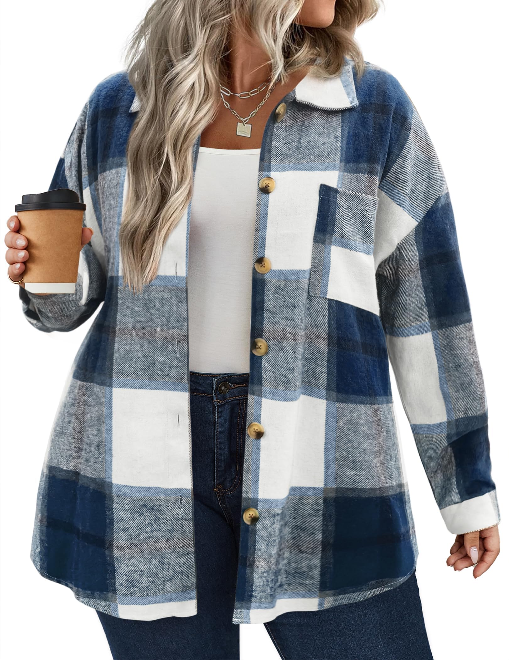 IN'VOLAND Women's Plus Size Plaid Shacket Long Sleeve Button Down ...