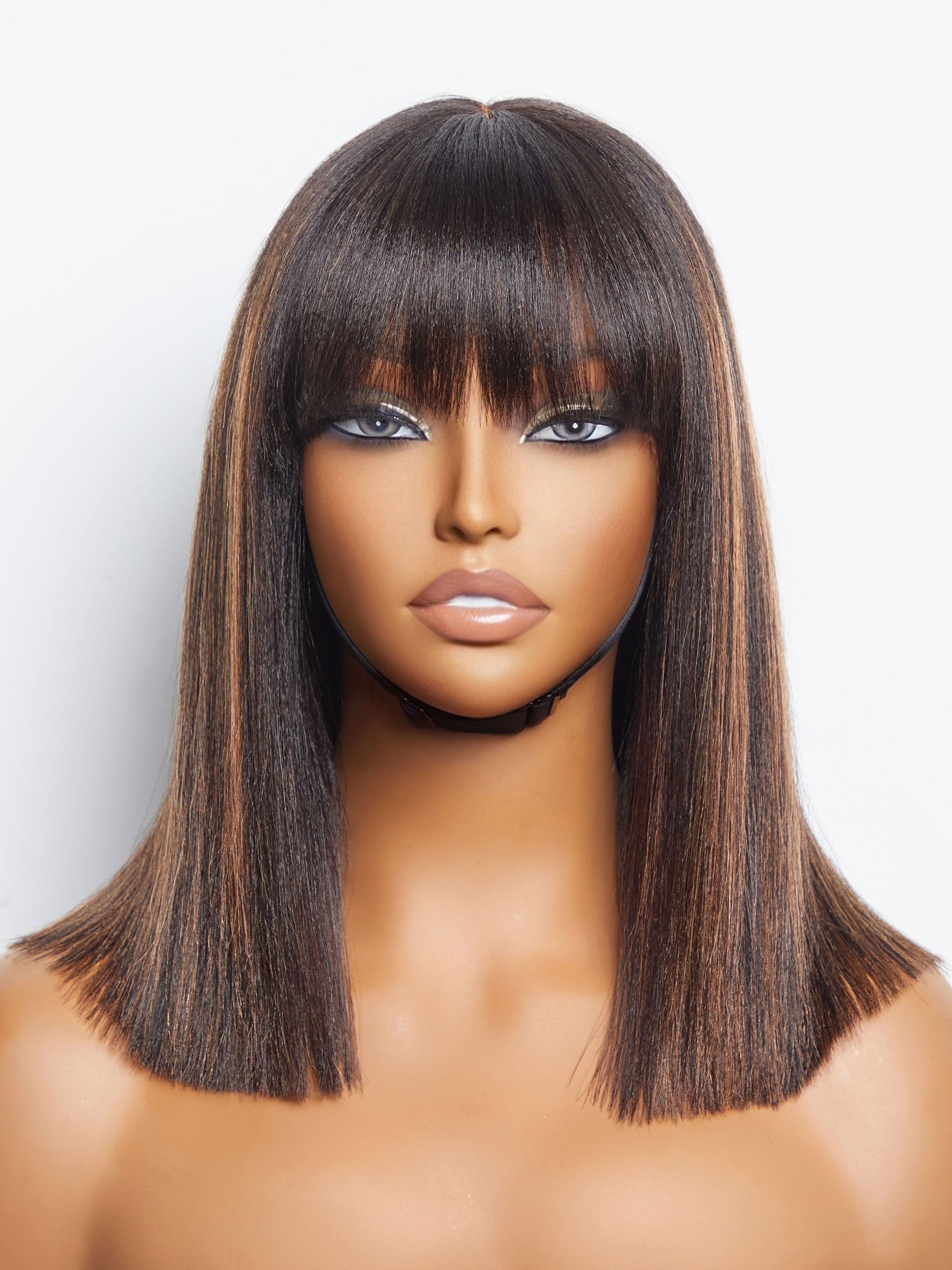 LUVME HAIR 12 Inch Yaki Straight Bob Wig with Bangs Human Hair Glueless ...