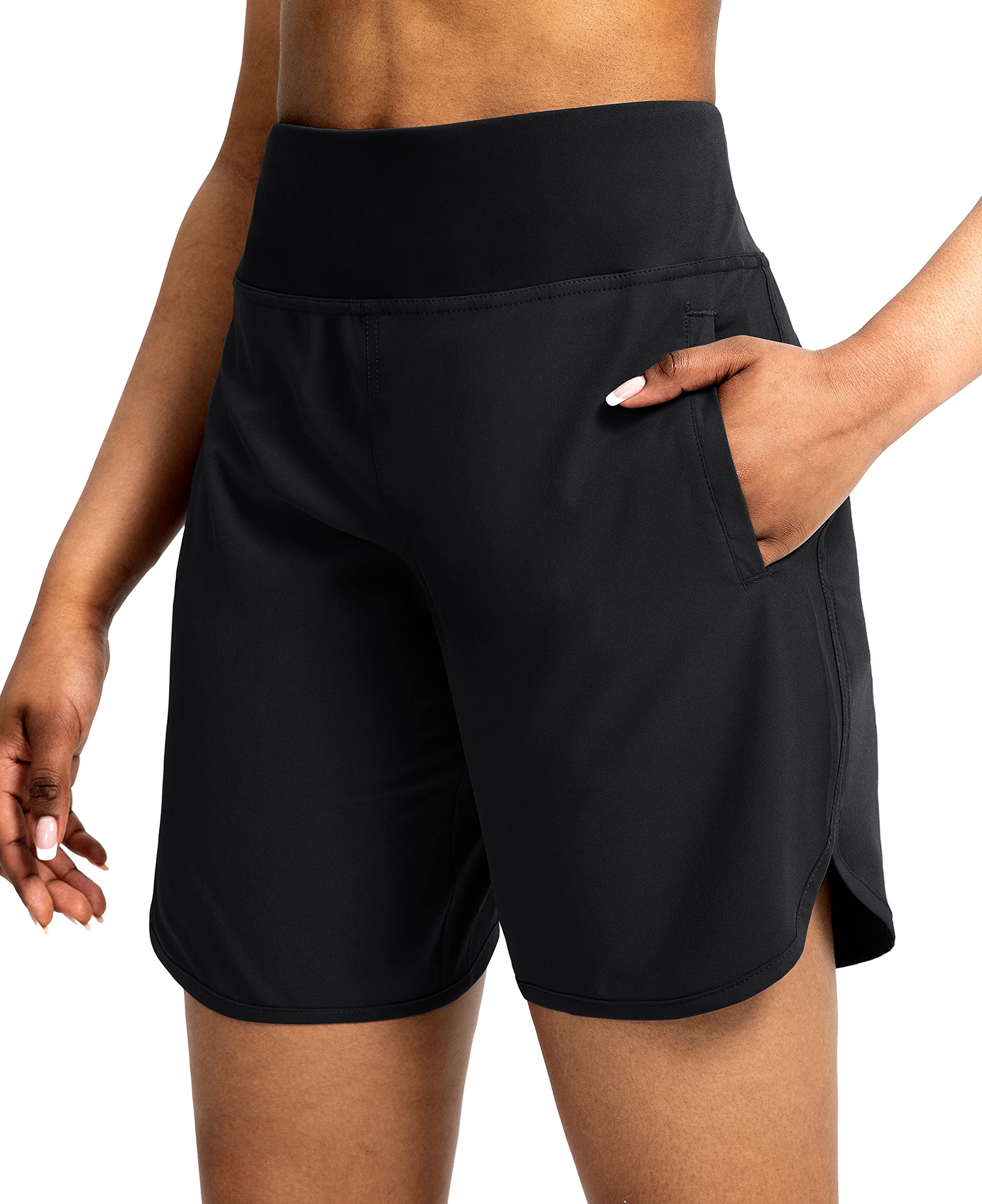 Soothfeel Women's Running Shorts with Zipper Pockets 7 Inch Long High ...