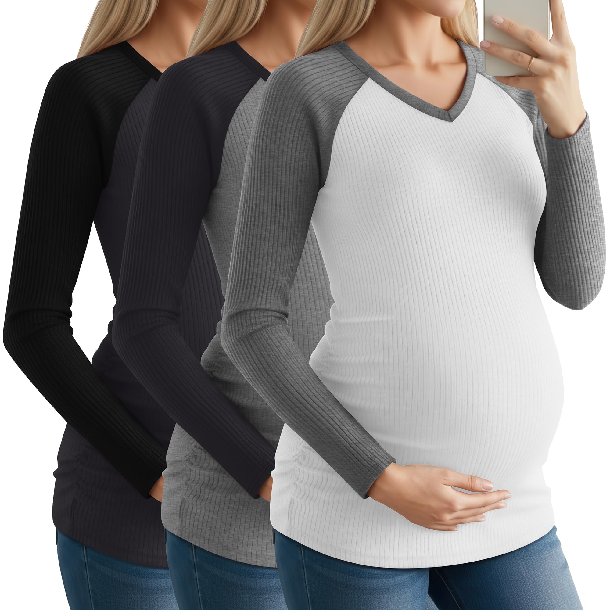 Velvelhall 3 Pack Women's Maternity Shirts, Raglan Long Sleeve V Neck ...