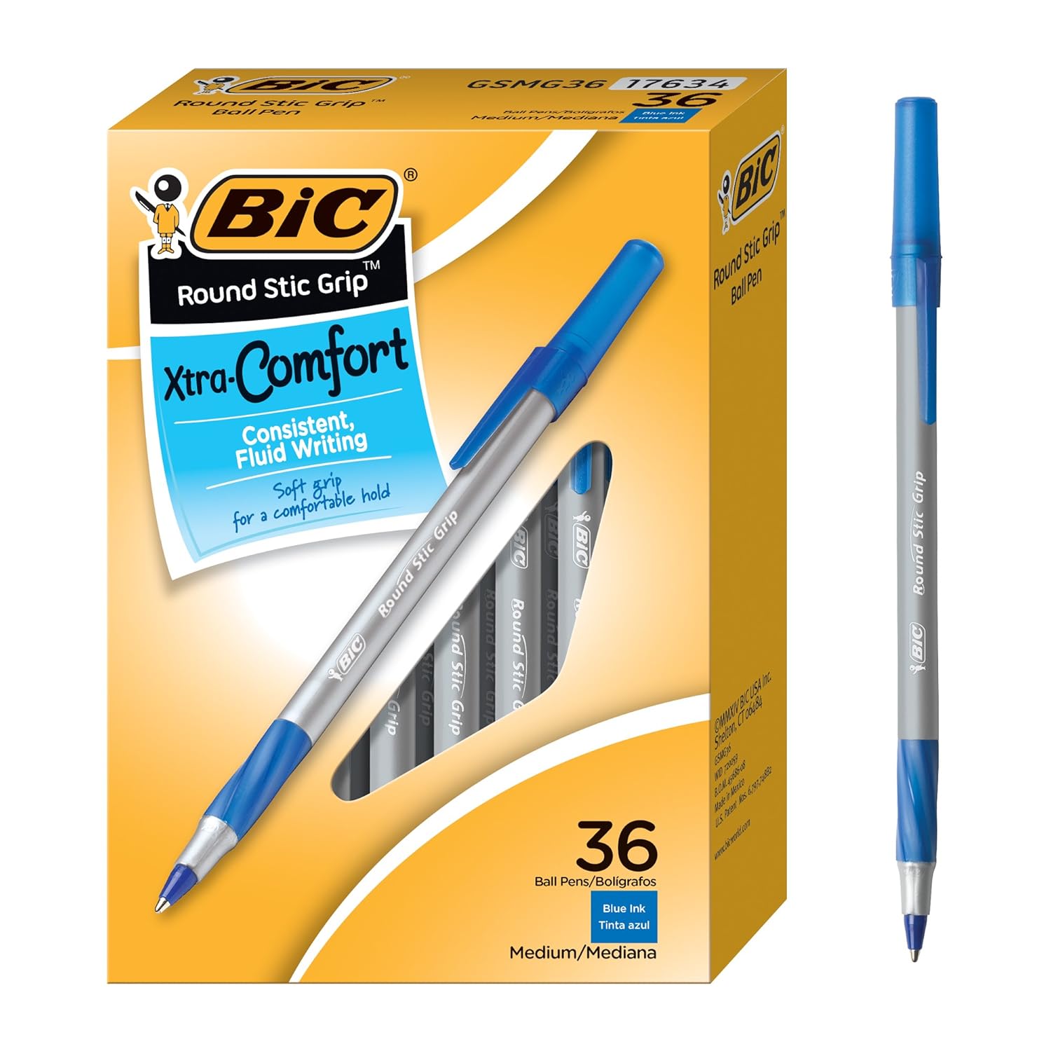 BIC Round Stic Grip Xtra Comfort Ball Pen, Medium Point (1.2 mm), Blue ...