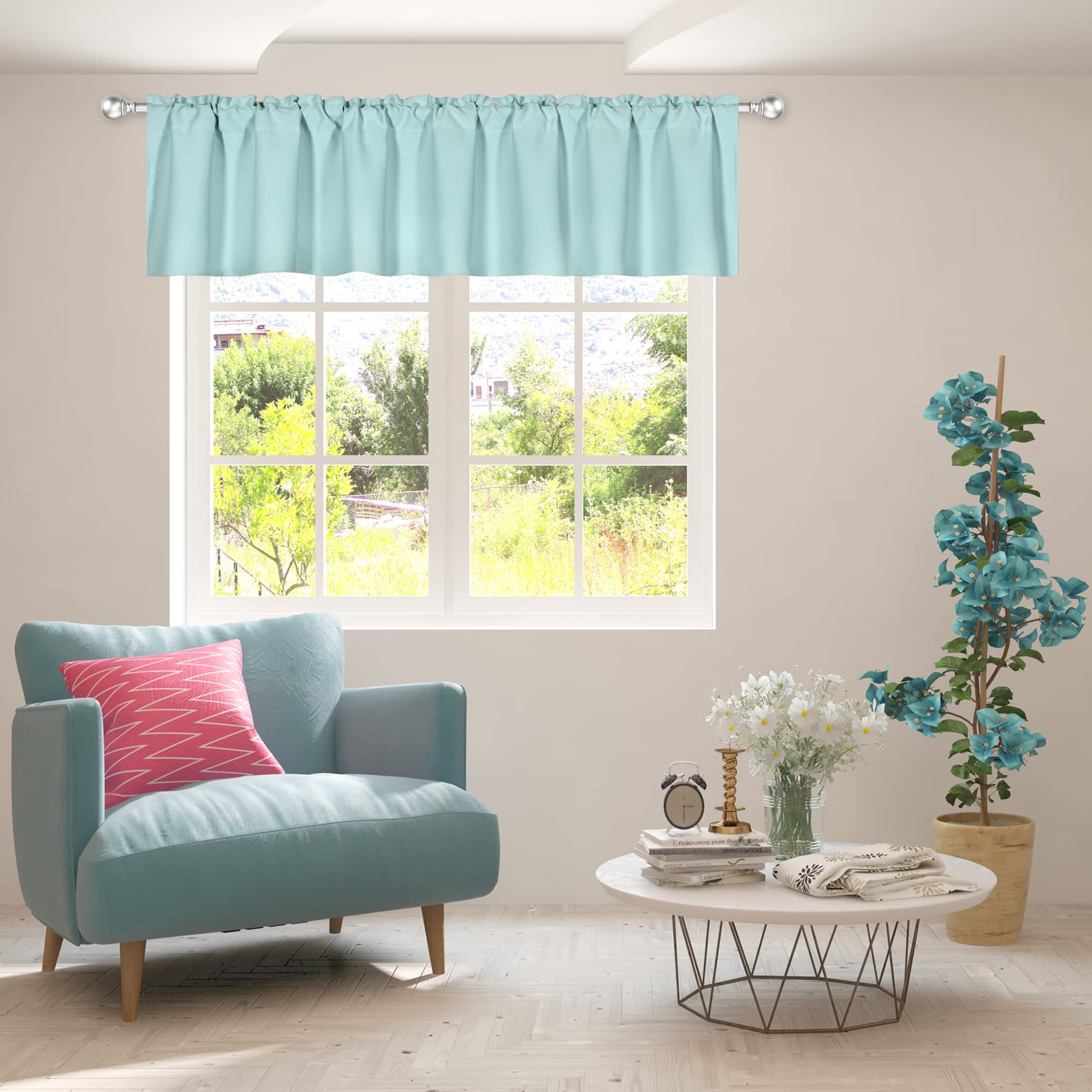 DECOVSUN Sky Blue Extra Wide Valance for Windows 100x18 Inch Solid ...
