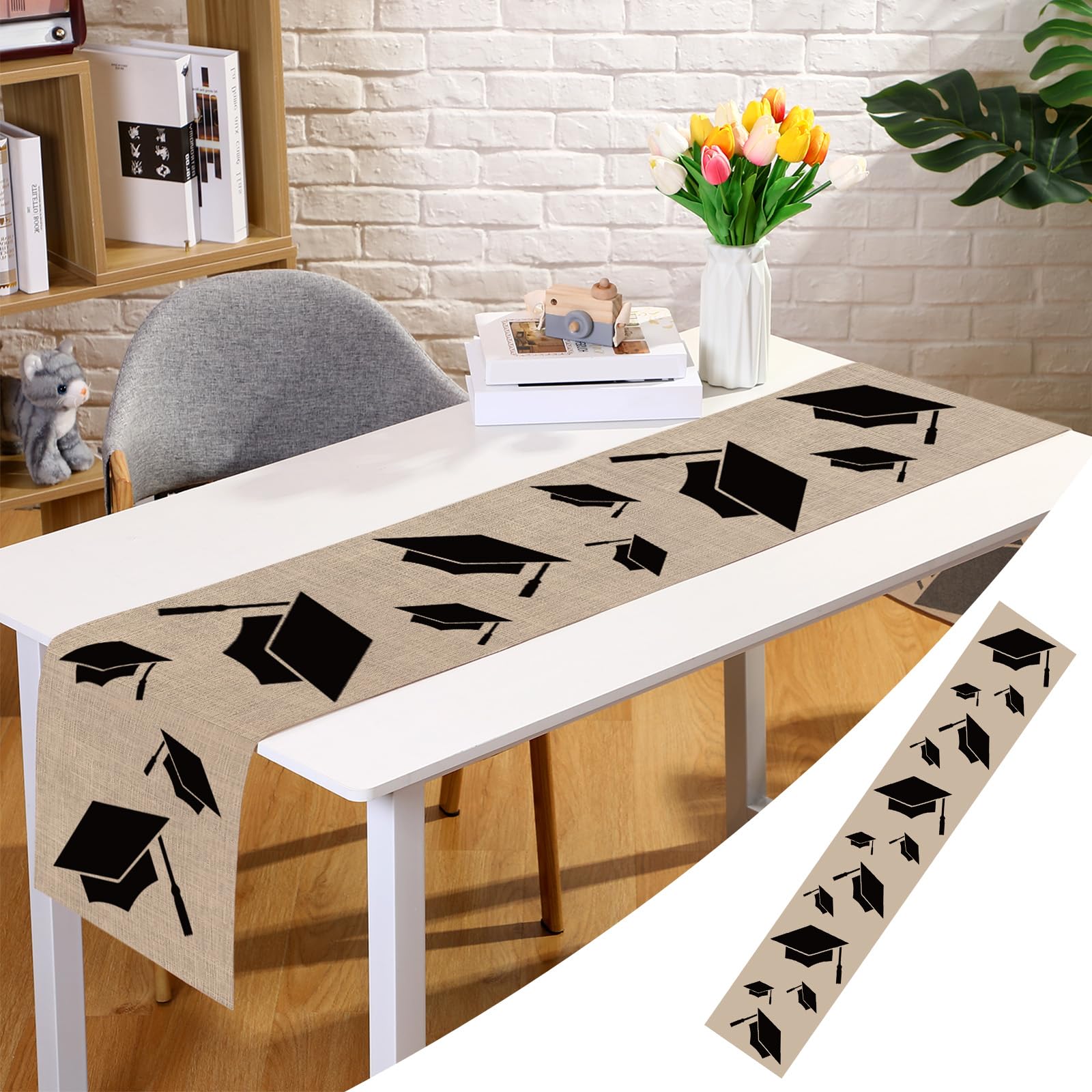 Mindsoft Linen Graduation Table Runner 72 x 13 Inch Grad Cap Table Runner 2025 Rustic Graduation ...