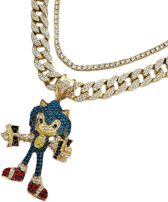 BLINGFACTORY Hip Hop Iced Super Sonic Pendant w/ 18" Full Iced Cuban ...