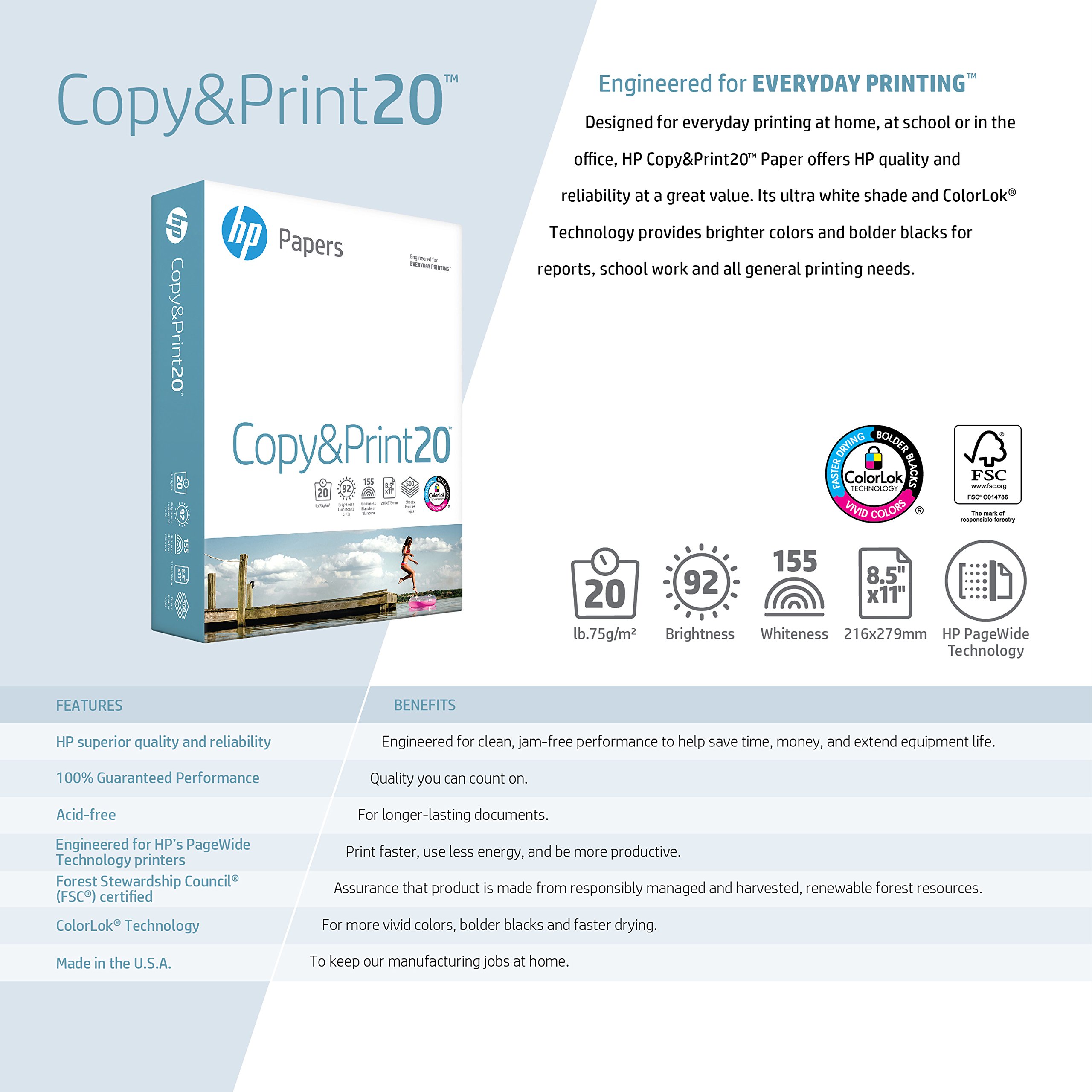 HP Printer Paper, Copy and Print20, 8.5 x 11, Letter, 20lb, 92 Bright ...