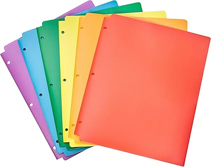 AmazonBasics Plastic 3 Hole Punch Folders with 2 Pockets, Multicolor ...