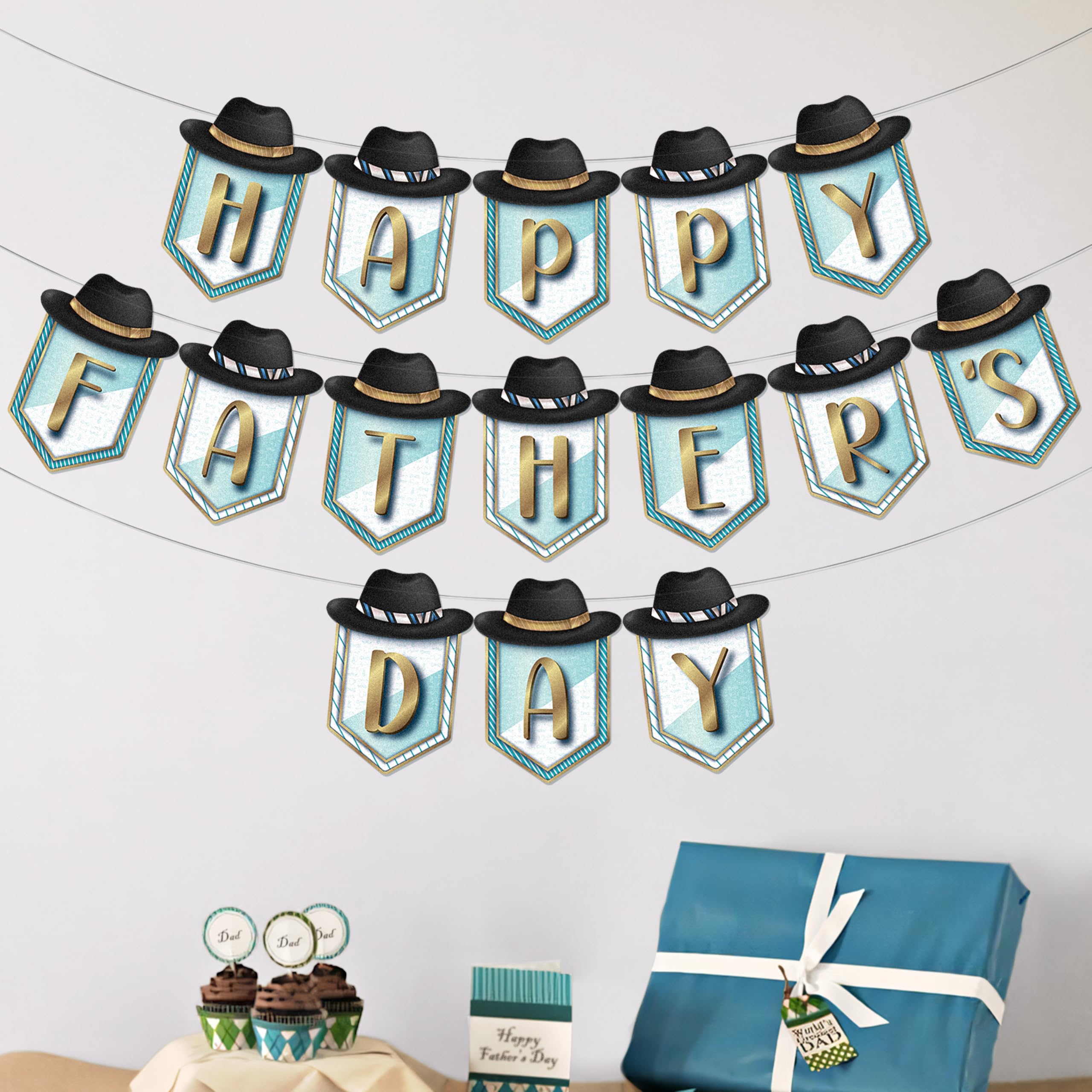Cheerland Happy Fathers Day Banner Blue Gold Fathers Day Decorations ...