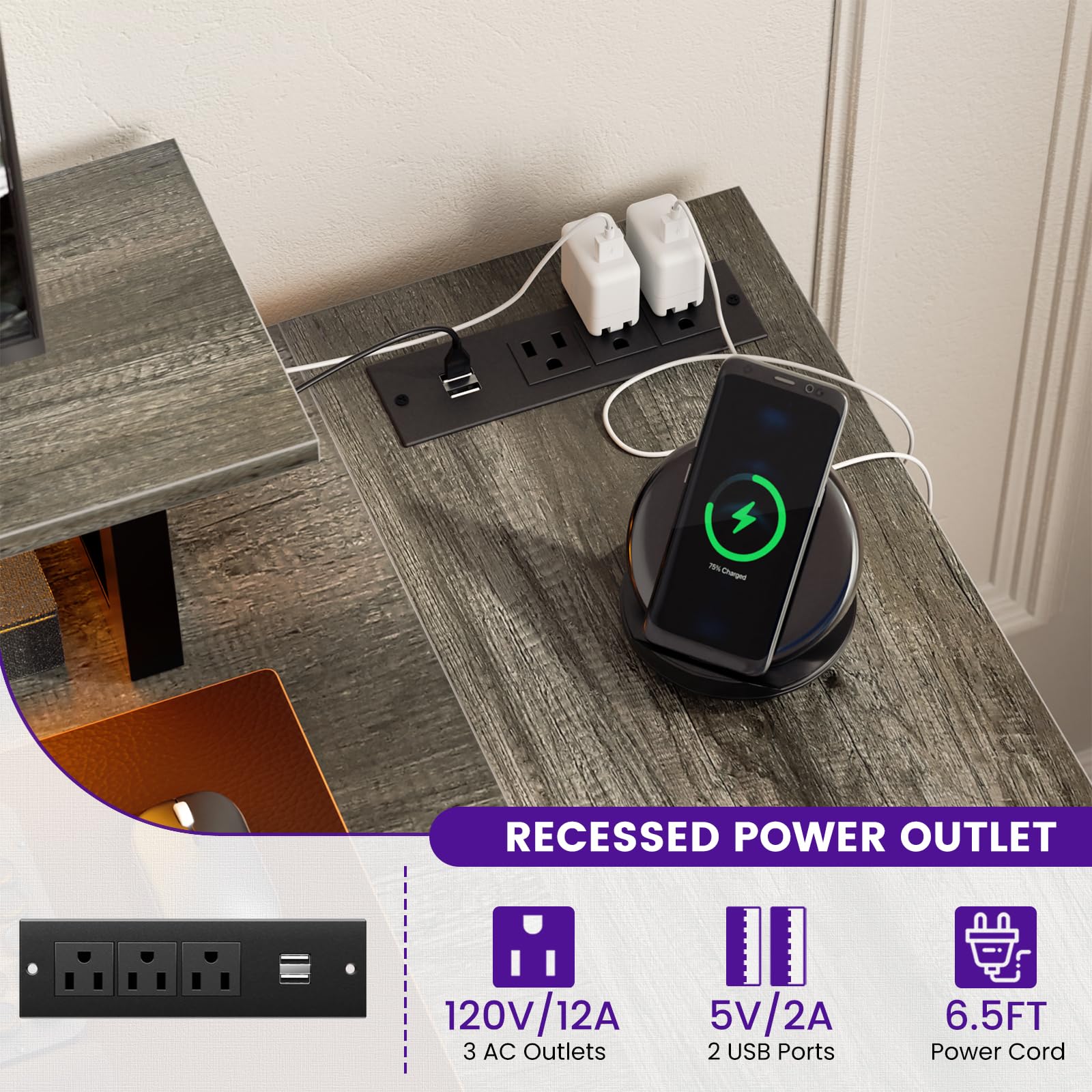 Homieasy L Shaped Gaming Desk With Power Outlet & LED Light, 55 Inch ...