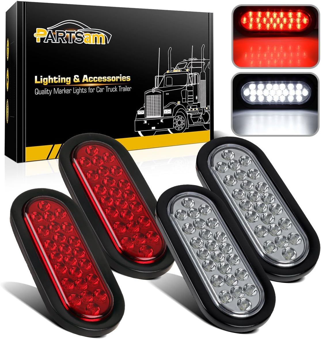 Amazon.com: Partsam 2xRed + 2xWhite 6" 24 LED Oval Stop Turn Tail ...