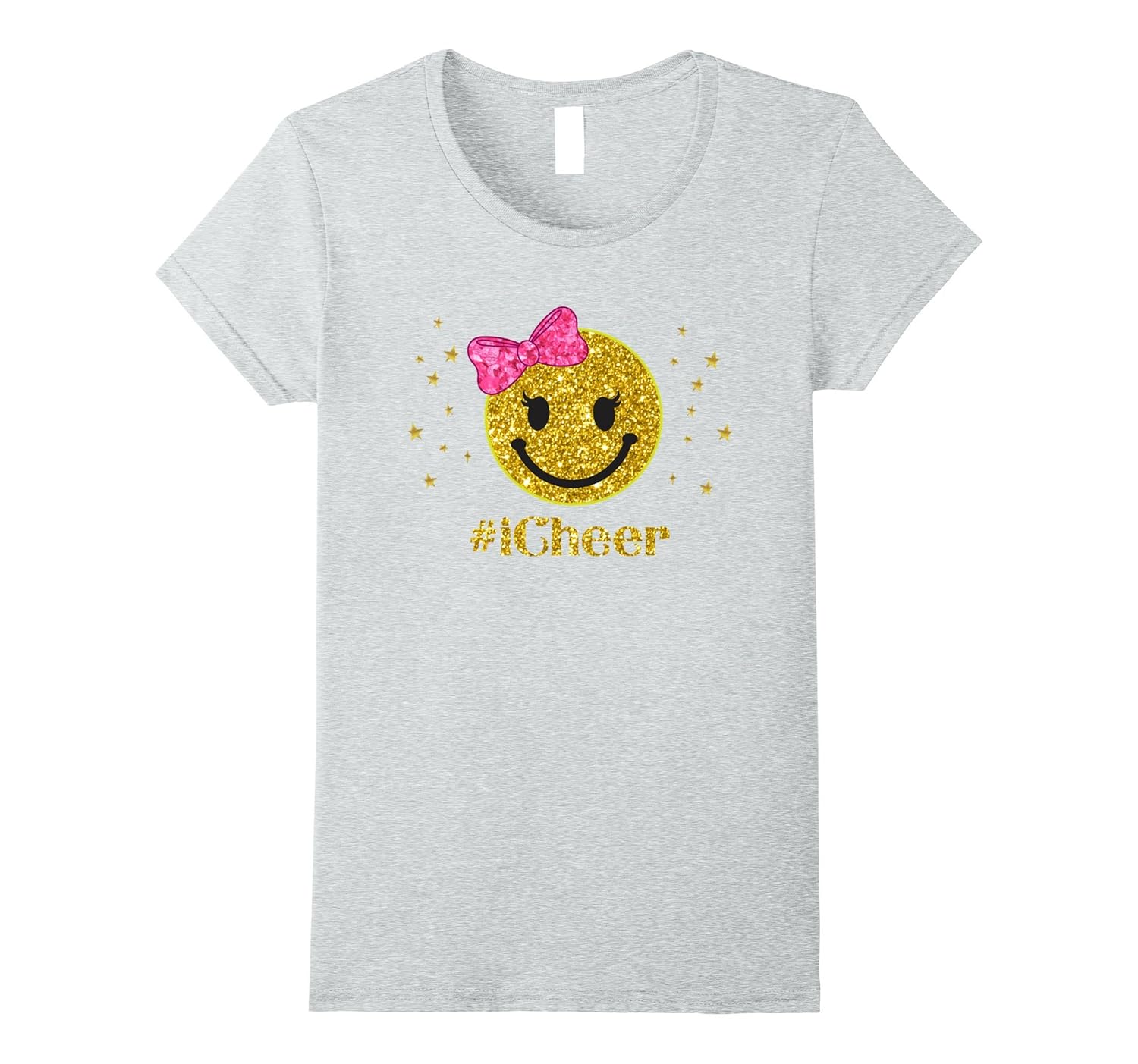 Hashtag # i Cheer Shirts Smiley Face Pink Bow Gold Stars Tee