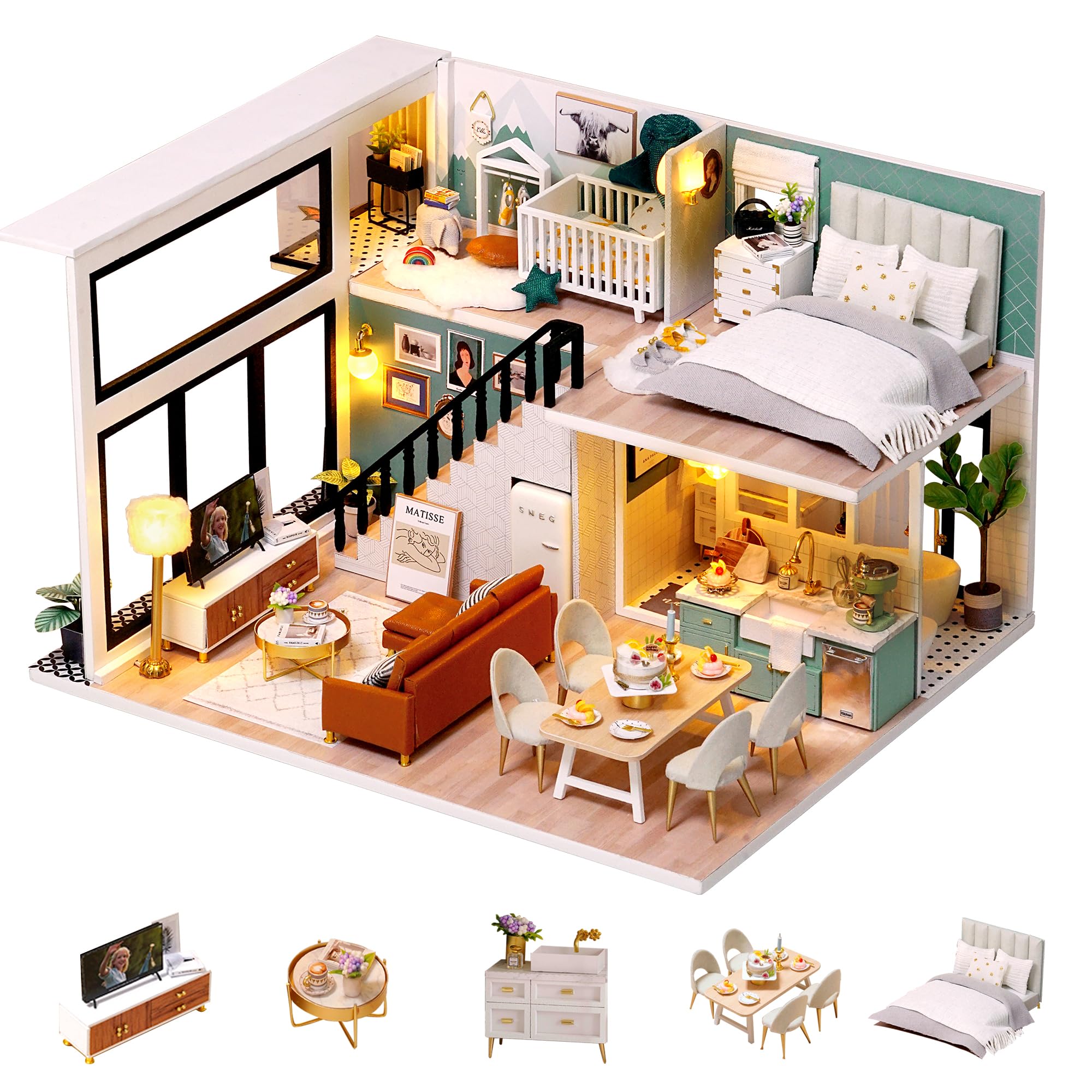 Flever Dollhouse Miniature DIY House Kit Creative Room with Loft ...