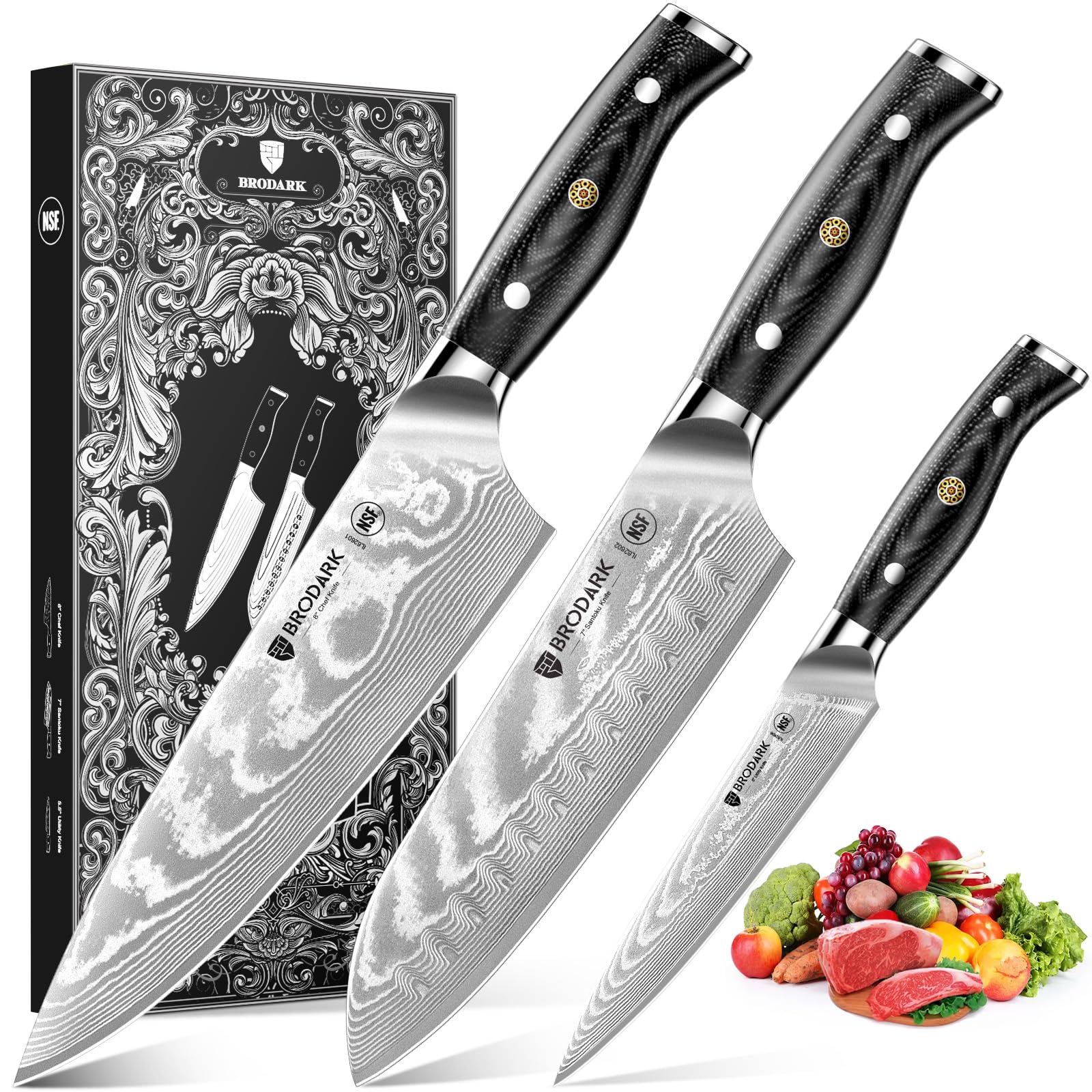 Damascus Knife Set 3 PCS with Premium VG10 Damascus Steel, Ultra-Sharp ...