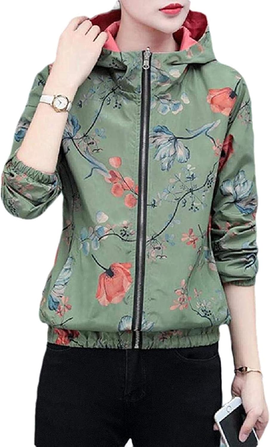Women Floral Print Jackets Lightweight Hooded Zip Up Bomber Jacket ...