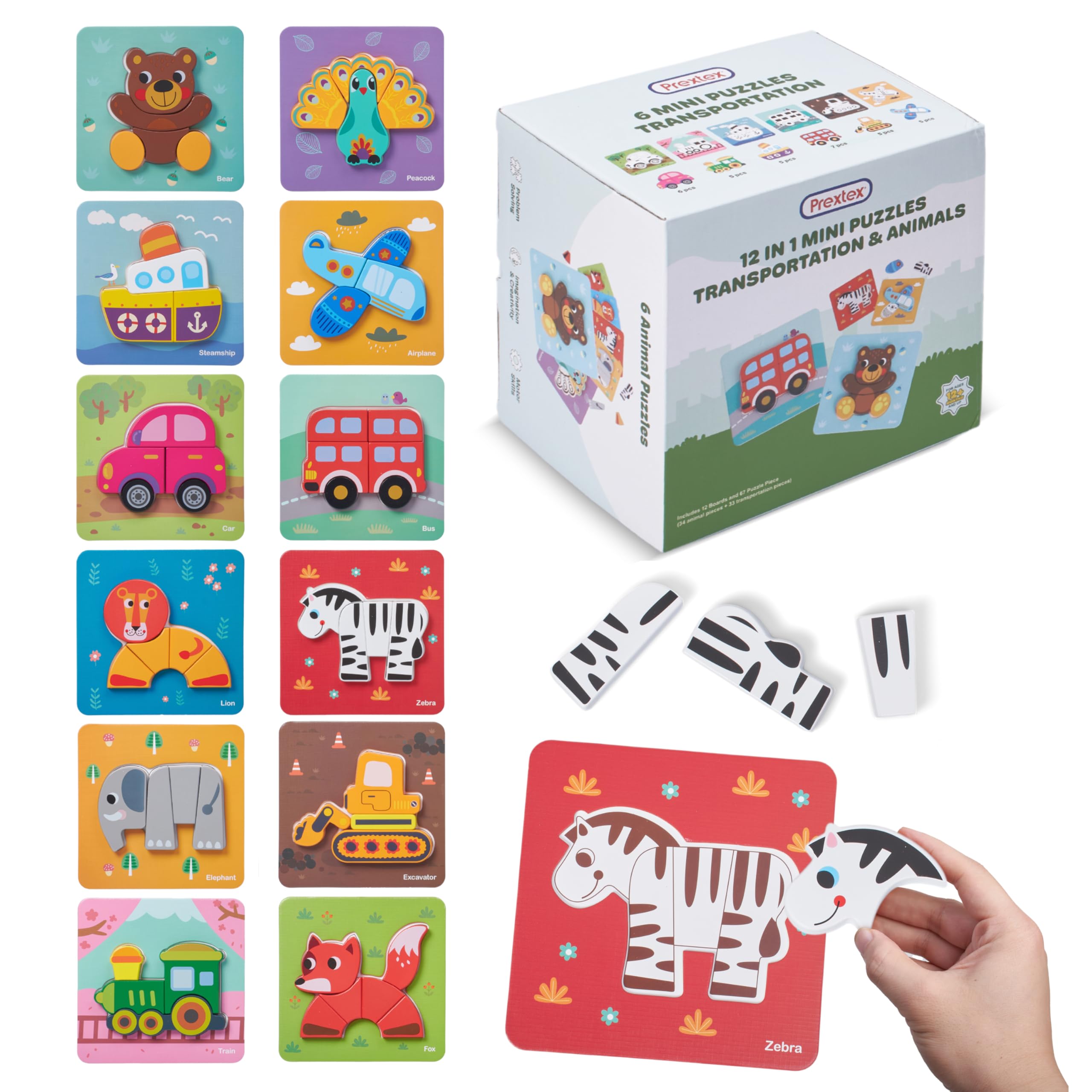 Prextex 12 Piece Puzzles for Kids - 6 Animals and 6 Transportation ...