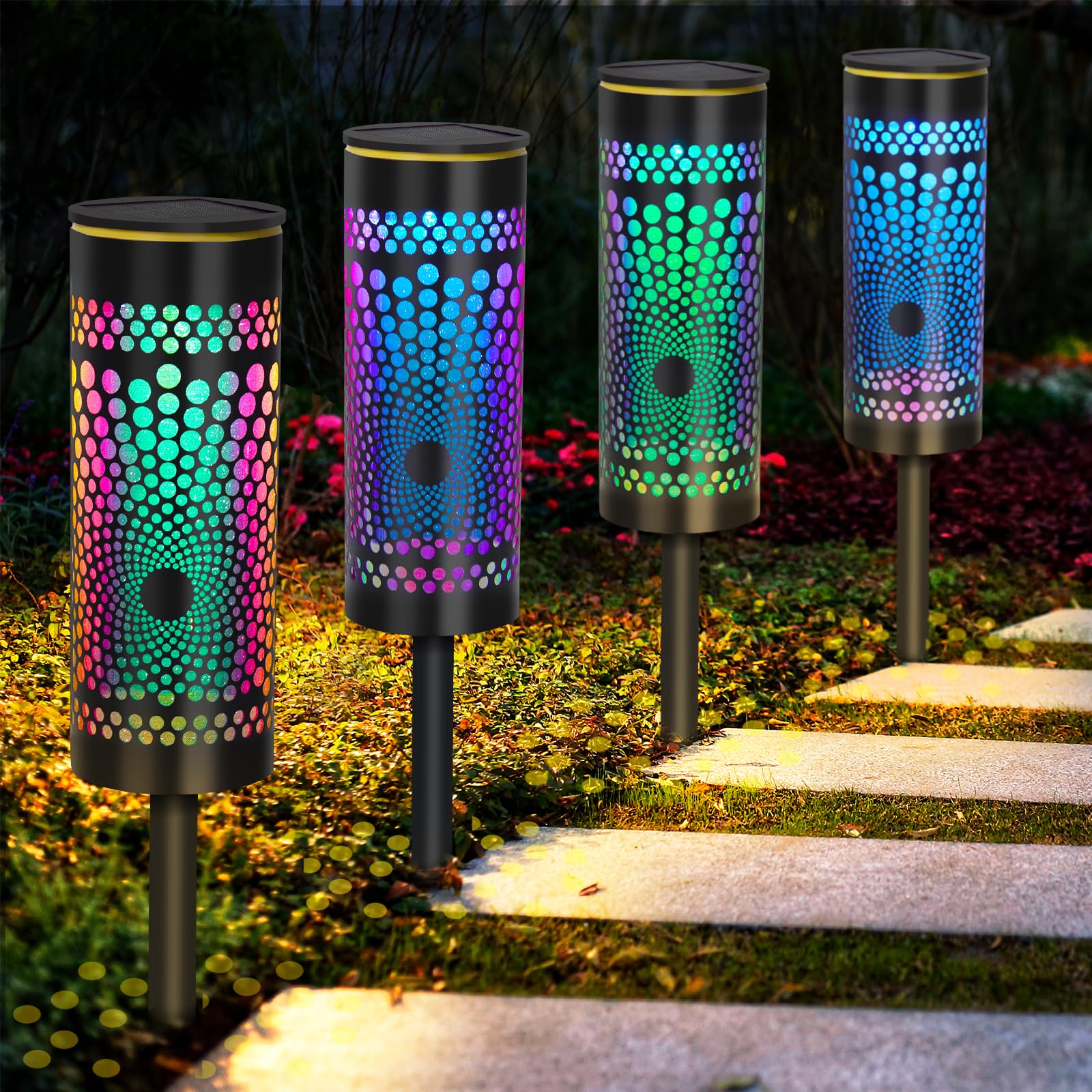Solar Pathway Lights 4 Pack, 2024 Upgraded Colors Changing Solar ...