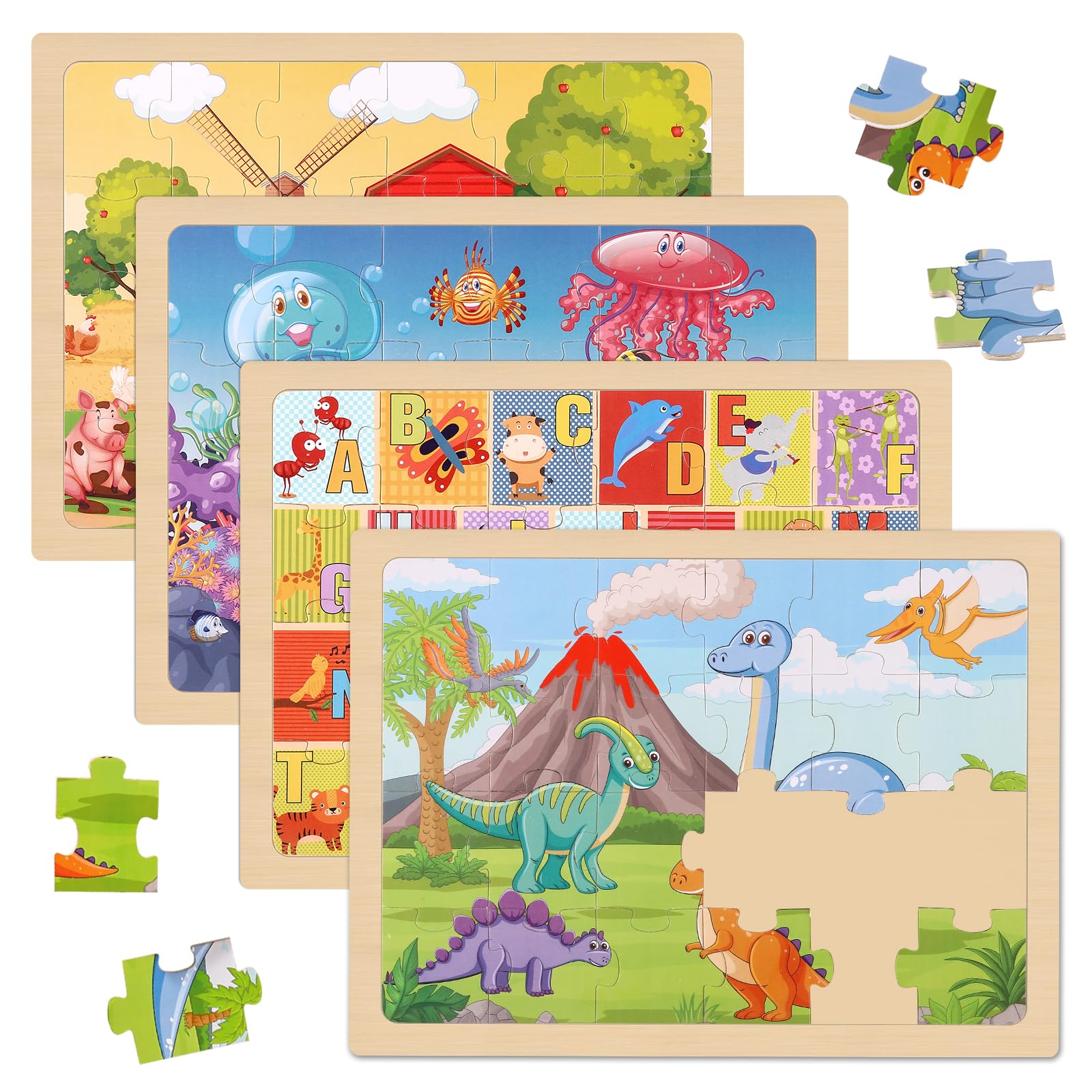 Wooden Puzzles for Kids Ages 4-6, 4 Pack 24 Pieces Wood Jigsaw Puzzles ...