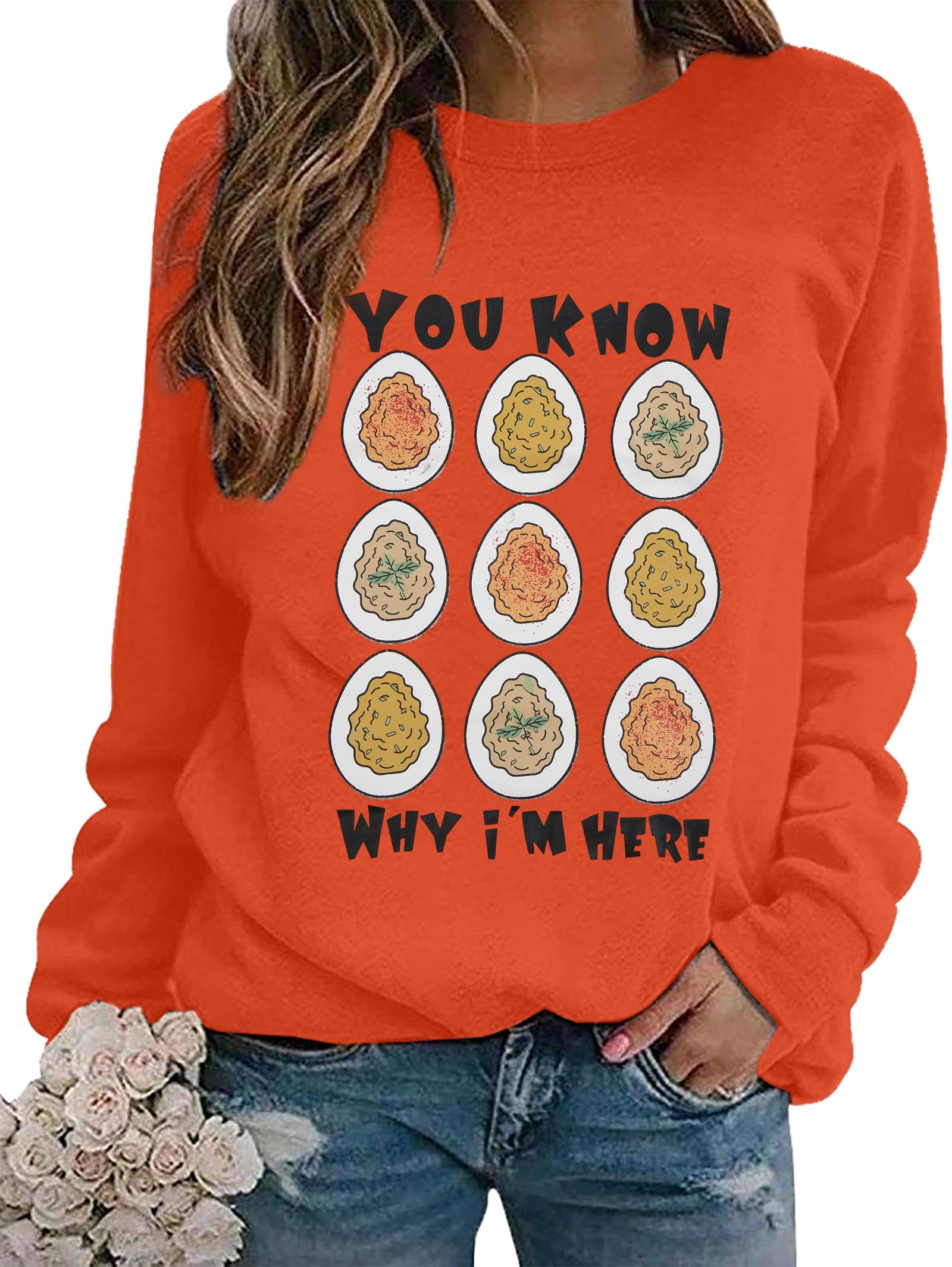 DUTUT Thanksgiving Sweatshirts for Women You Know Why I'M Here Deviled ...