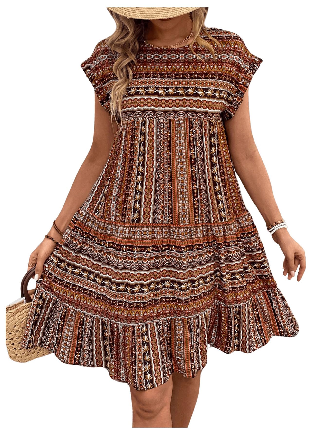 Floerns Women's Patchwork Ruffle Hem Cap Sleeve Round Neck Babydoll ...