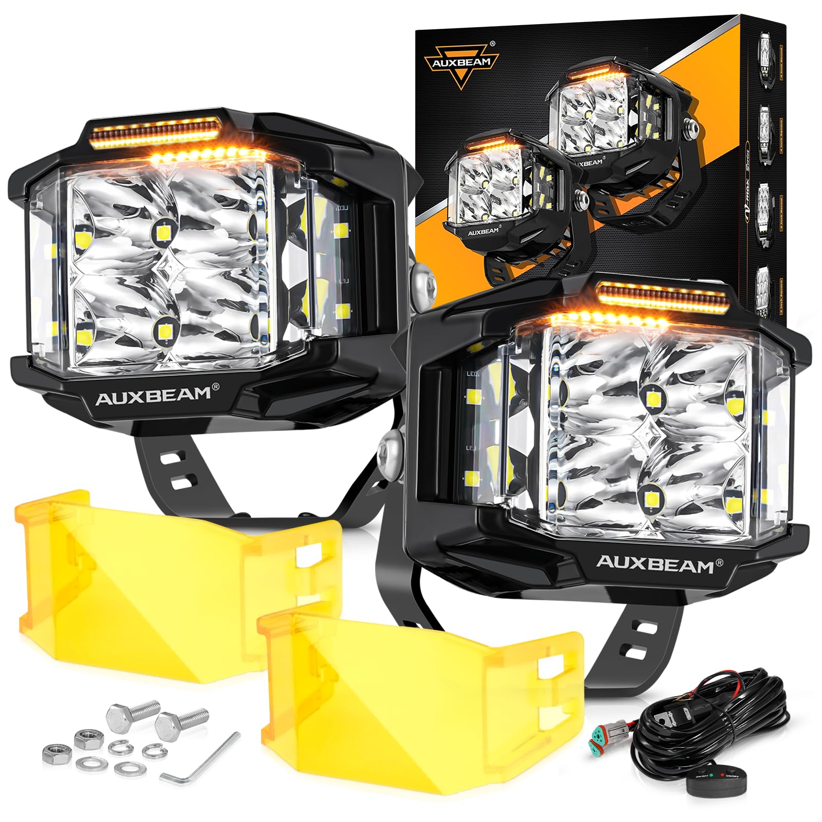 Auxbeam 4" 92W Cube LED Pod with Amber DRL, V-MAX Series Offroad Pod ...