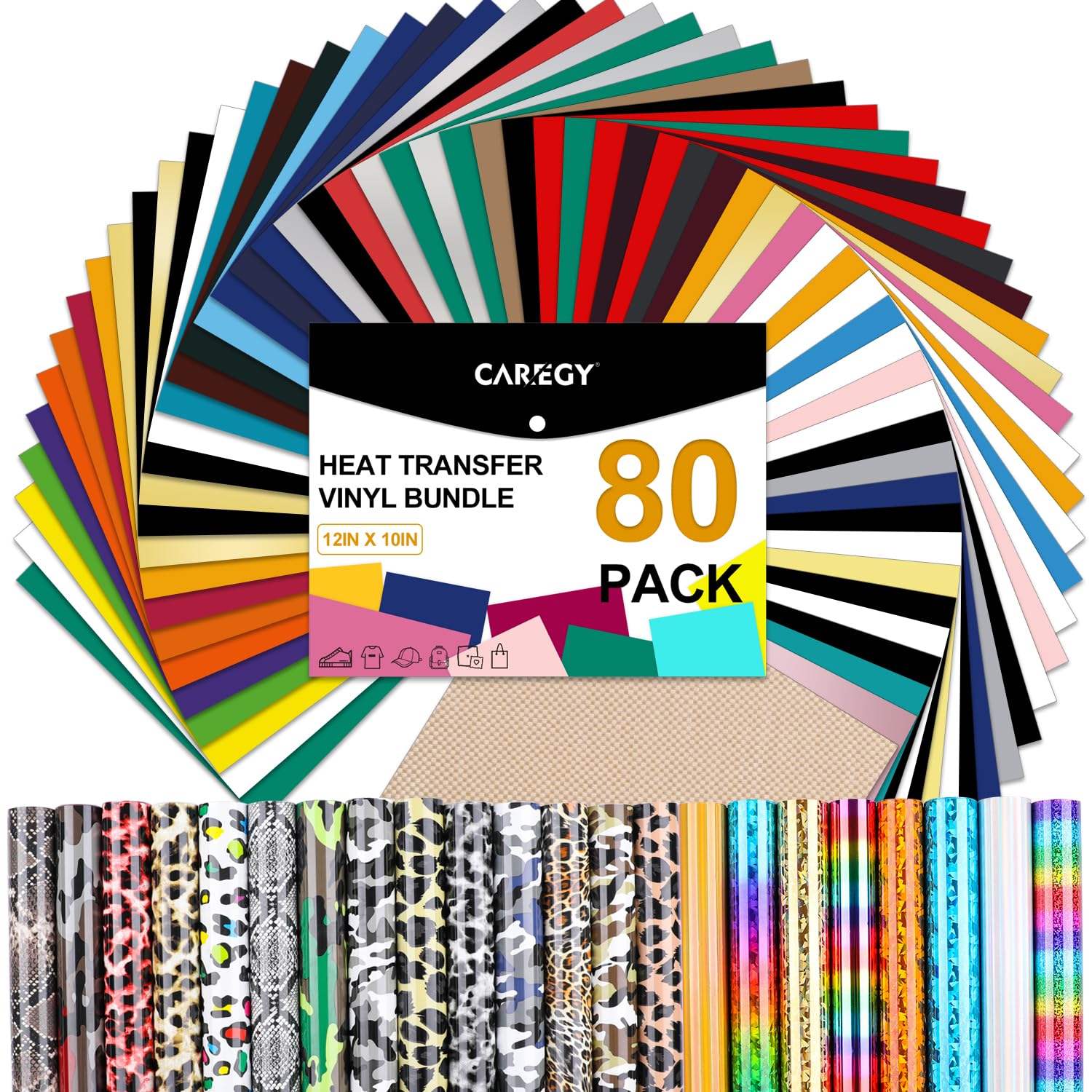 CAREGY HTV Heat Transfer Vinyl Bundle: 80 Pack 12" x 10" Iron on Vinyl for T-Shirt, 53 Assorted ...