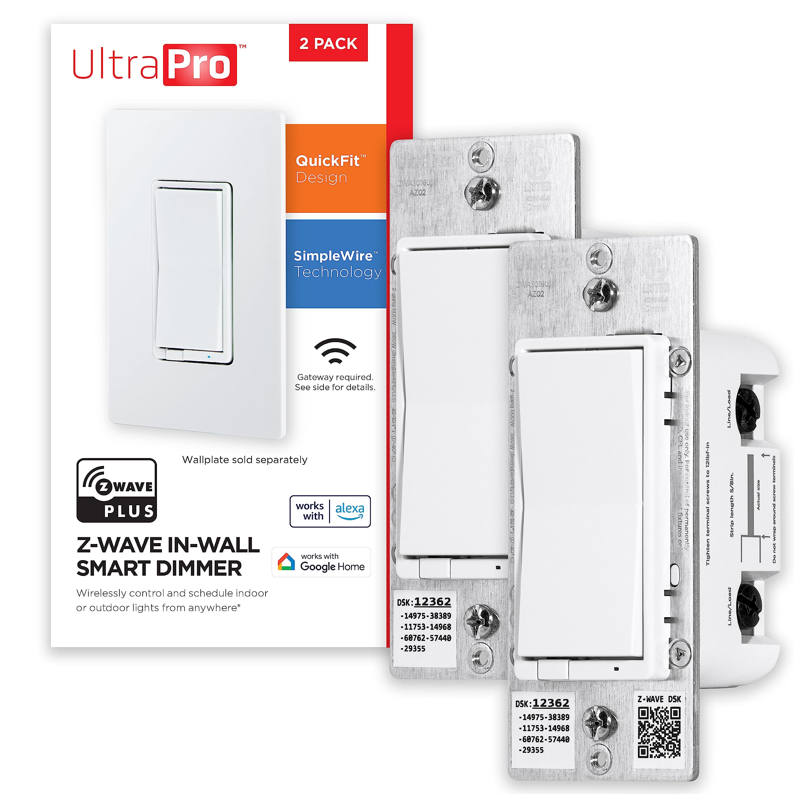 UltraPro 700 Series Z-Wave In-Wall Smart Rocker Light Dimmer with QuickFit & SimpleWire, 3-Way ...