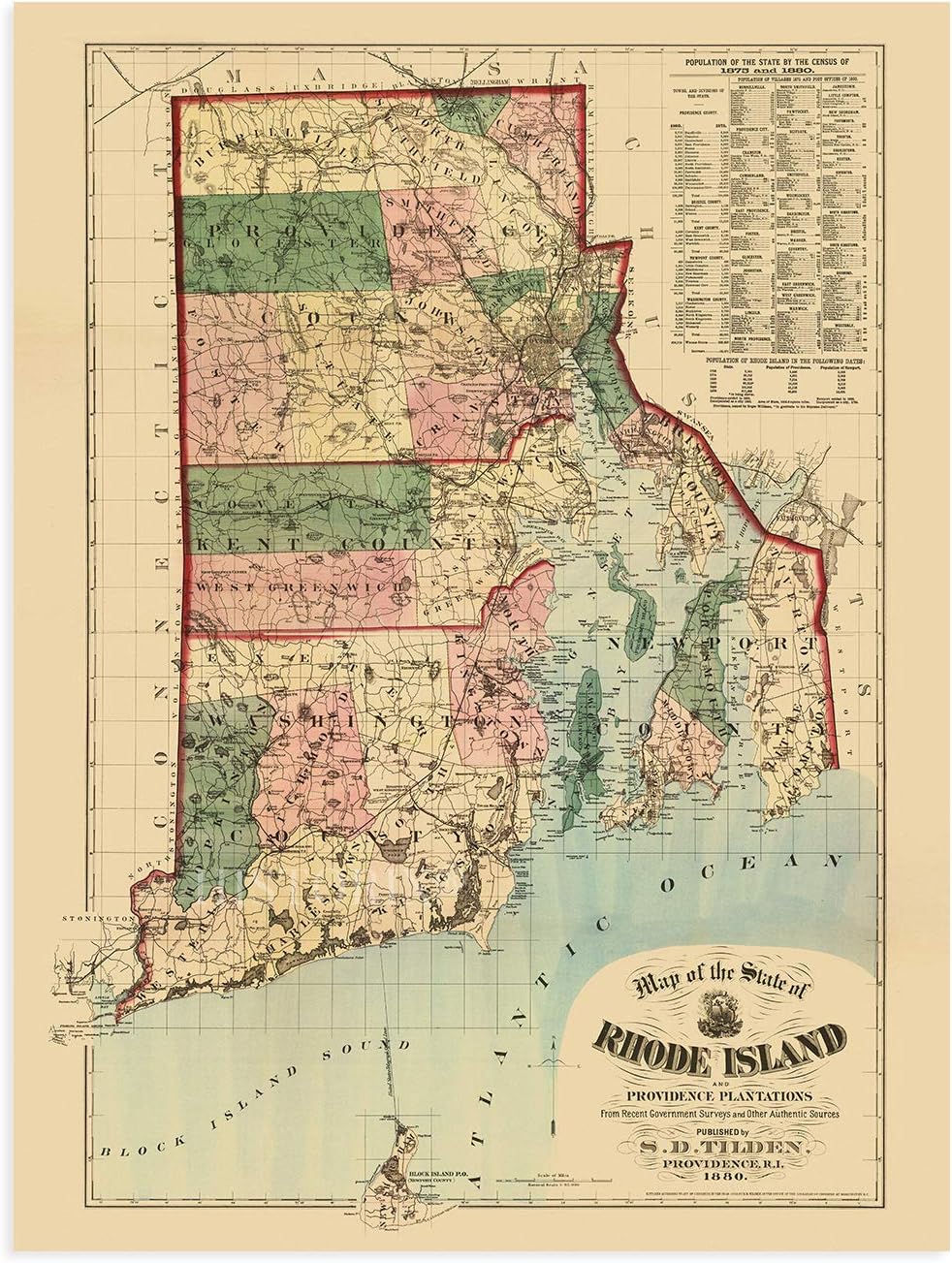 1880 Rhode Island State Map Poster - Vintage Rhode Island Wall Decor ...