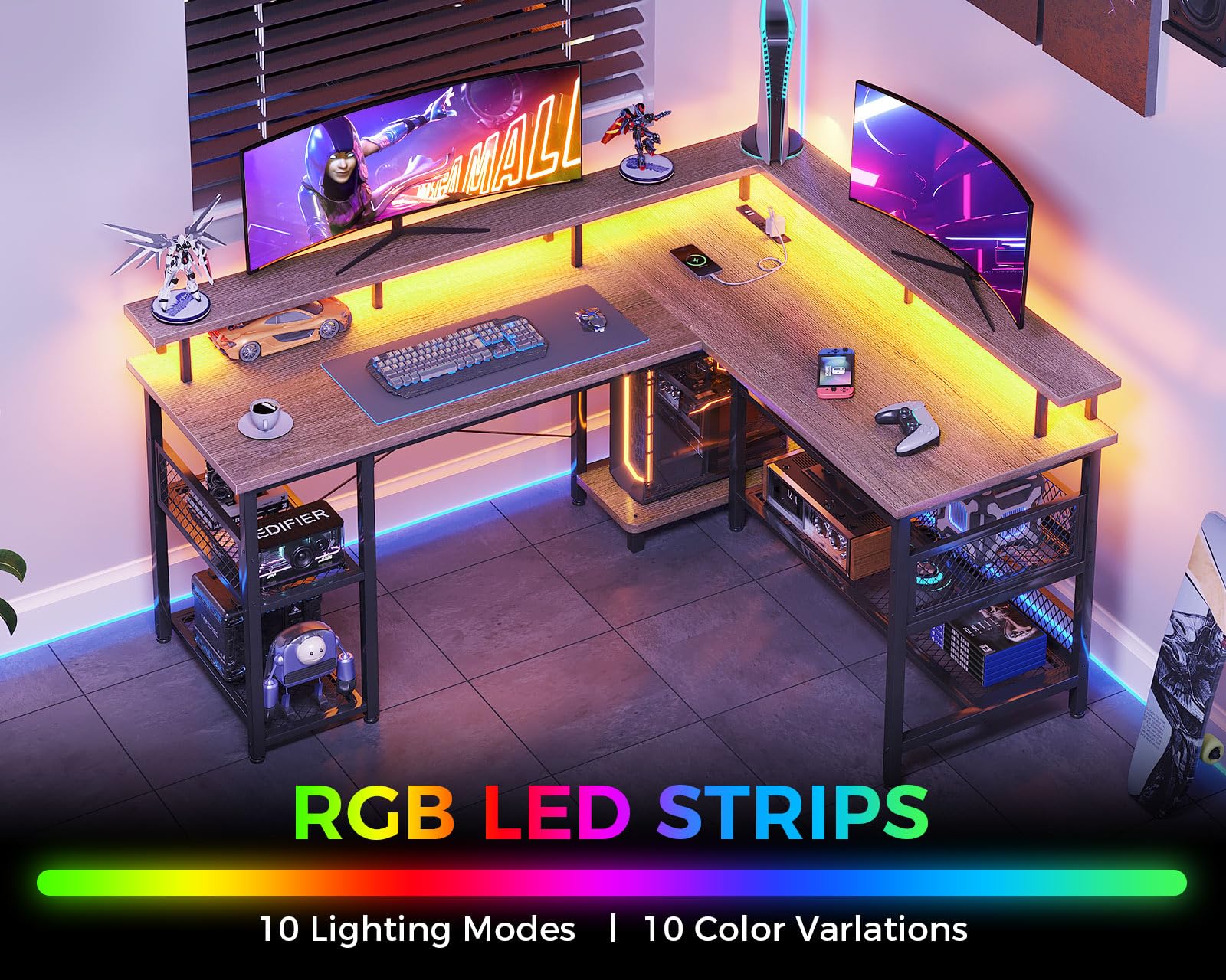 Mua ODK 59" L Shaped Gaming Desk with Power Outlet and LED Lights, PC ...