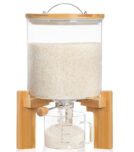 HBlife 8-10 Lbs Glass Rice Dispenser with Wooden Stand Flour and Cereal ...