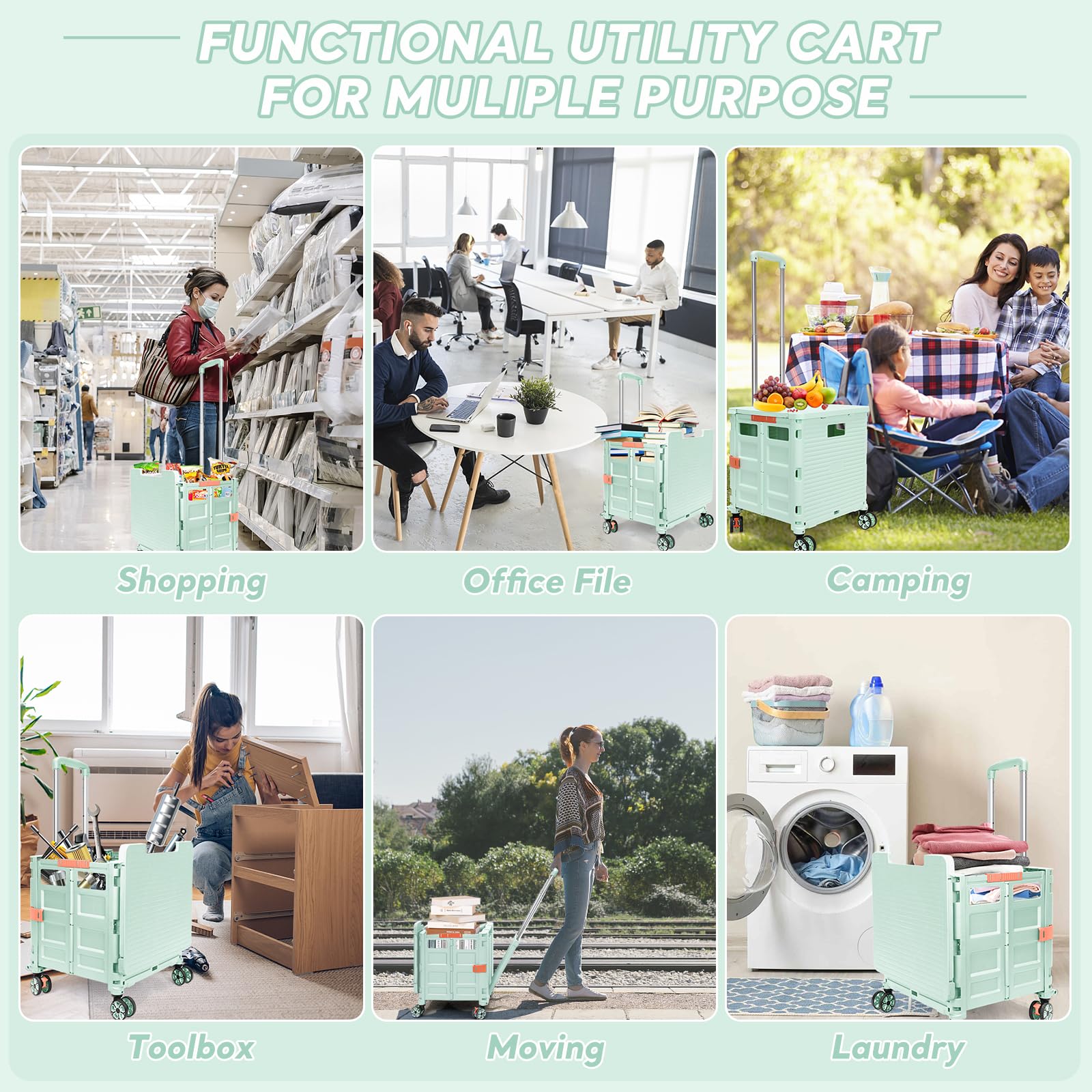 FELICON SELORSS Folding Utility Cart Rolling Crate Tote Basket Box ...