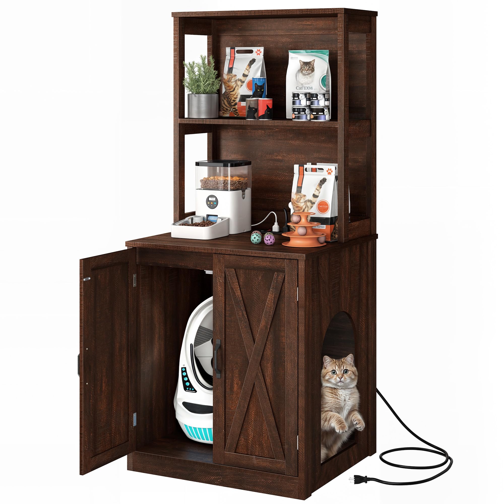 DWVO Large Hidden Litter Box Furniture with Shelves and Charging ...