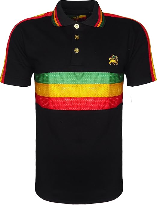 Men's Rasta Polo Bold Striped Chest Shoulders T-Shirt Lion of Judah ...