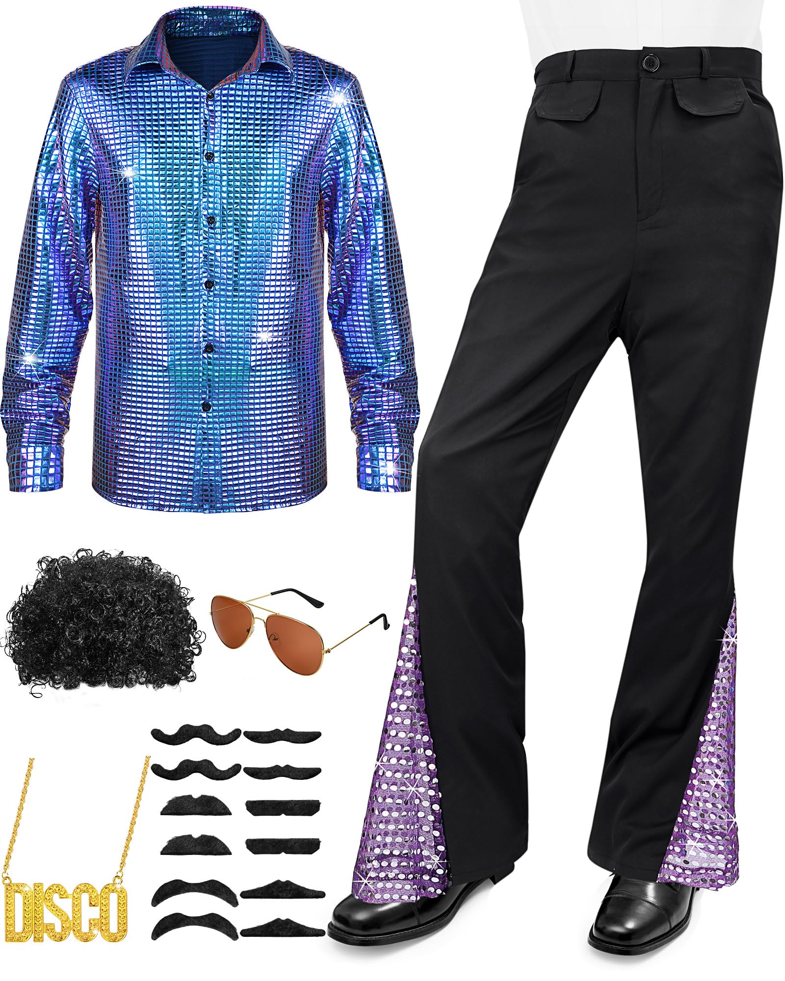 Mens 70s Disco Outfit Costume Bell Bottom Pants Shirts Wigs Necklace Mustache Sunglasses(Medium ...