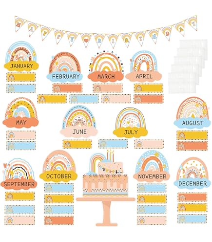 Birthday Board 60pc Boho Rainbow Classroom Birthday Chart Set ...