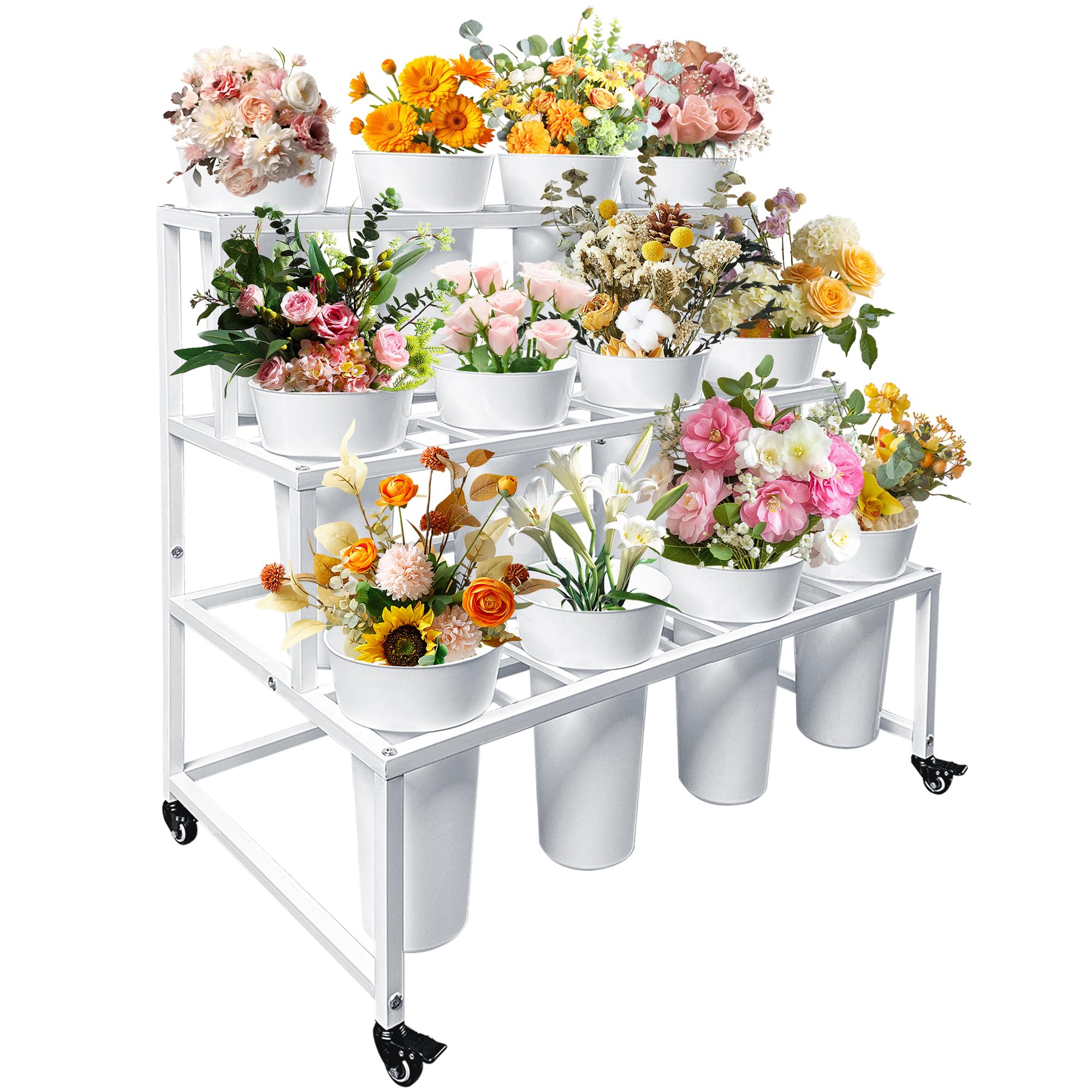 PROLEE Flower Stand with 12 Buckets, Flower Display Stand with Wheels ...