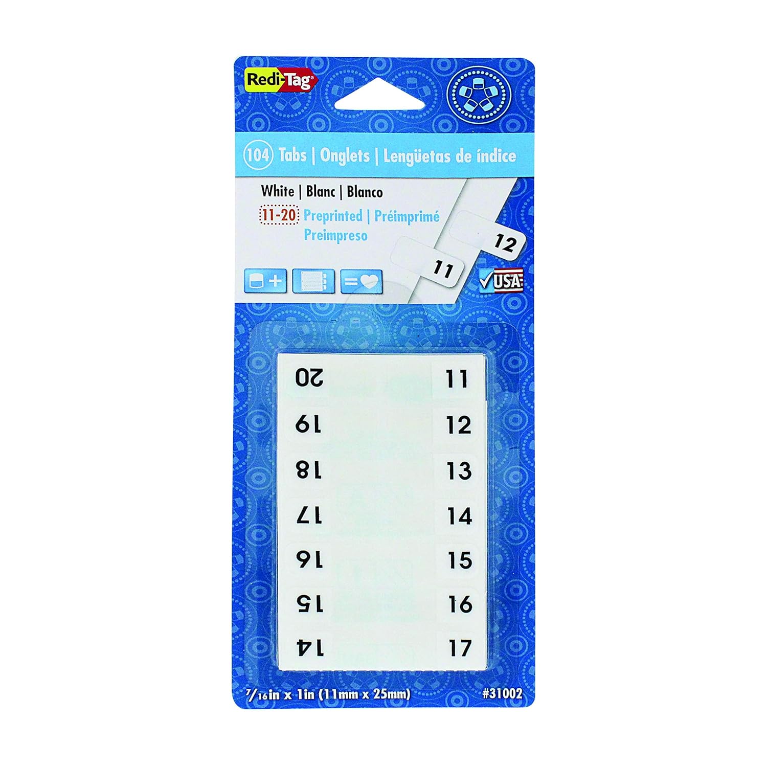 Redi-Tag Pre-Printed Index Tabs, 11 to 20, Permanent Adhesive, 7/16 x 1 ...