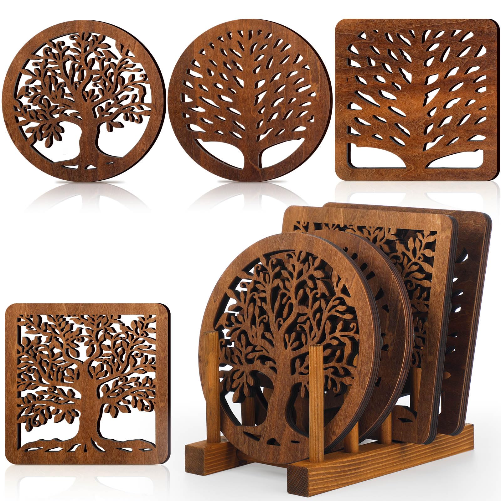 Beeveer 5 Pcs Life Tree Wooden Trivets with Storage Rack Hot Pads ...