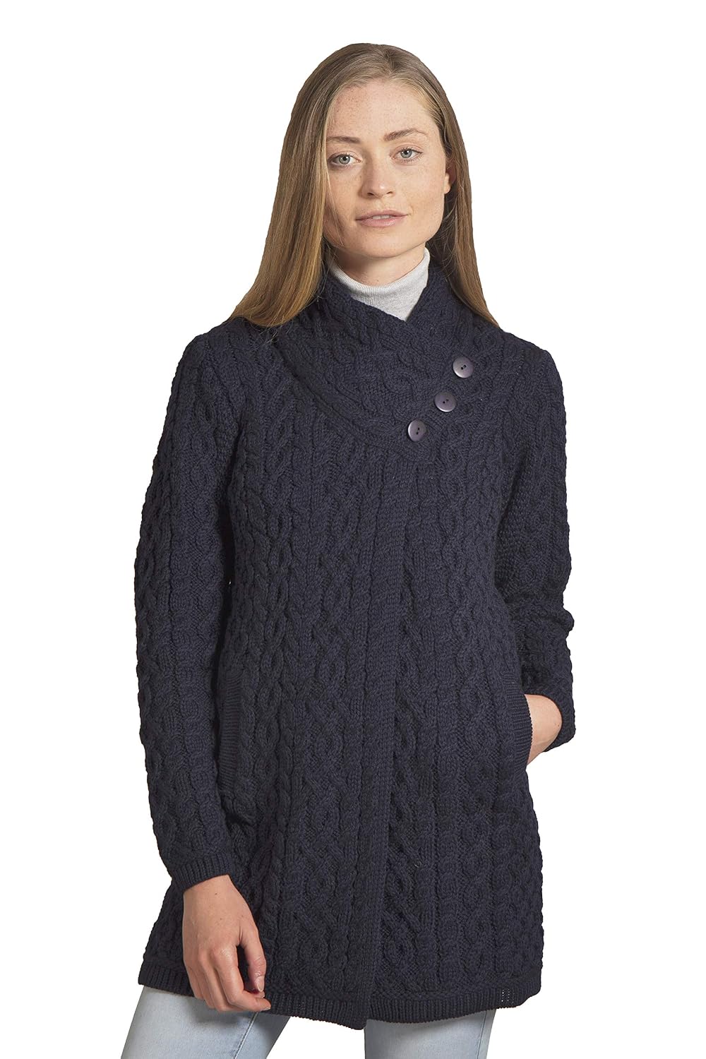 Buy Aran Crafts Women's Celtic Irish Knit Three Button Collar Coat ...