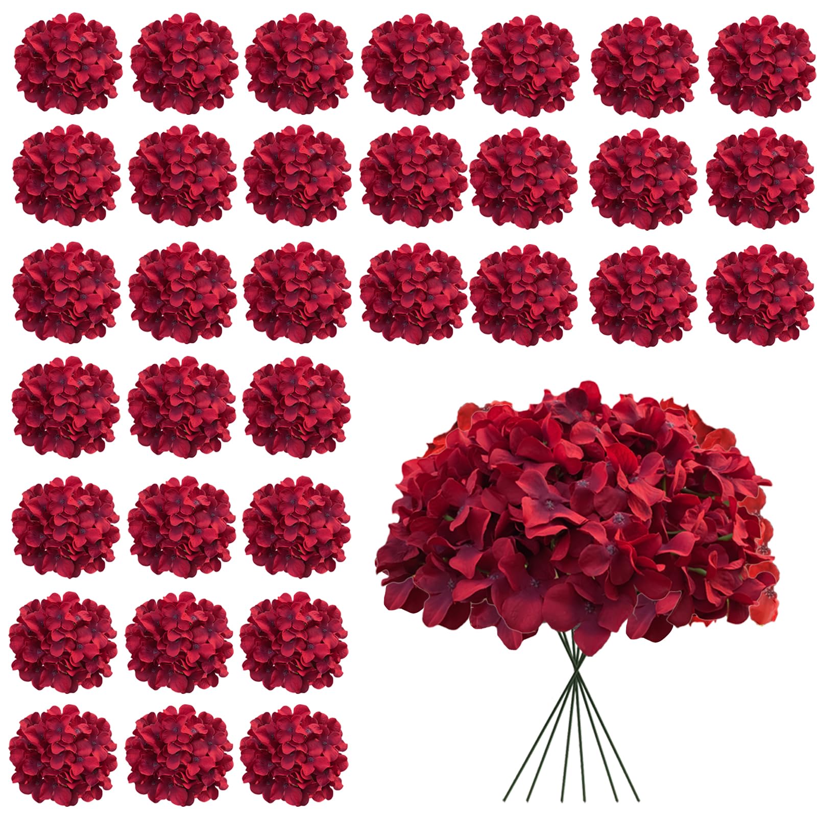 Cherica Dark Red Hydrangea Artificial Flowers Bulk, 30 Pcs Faux ...