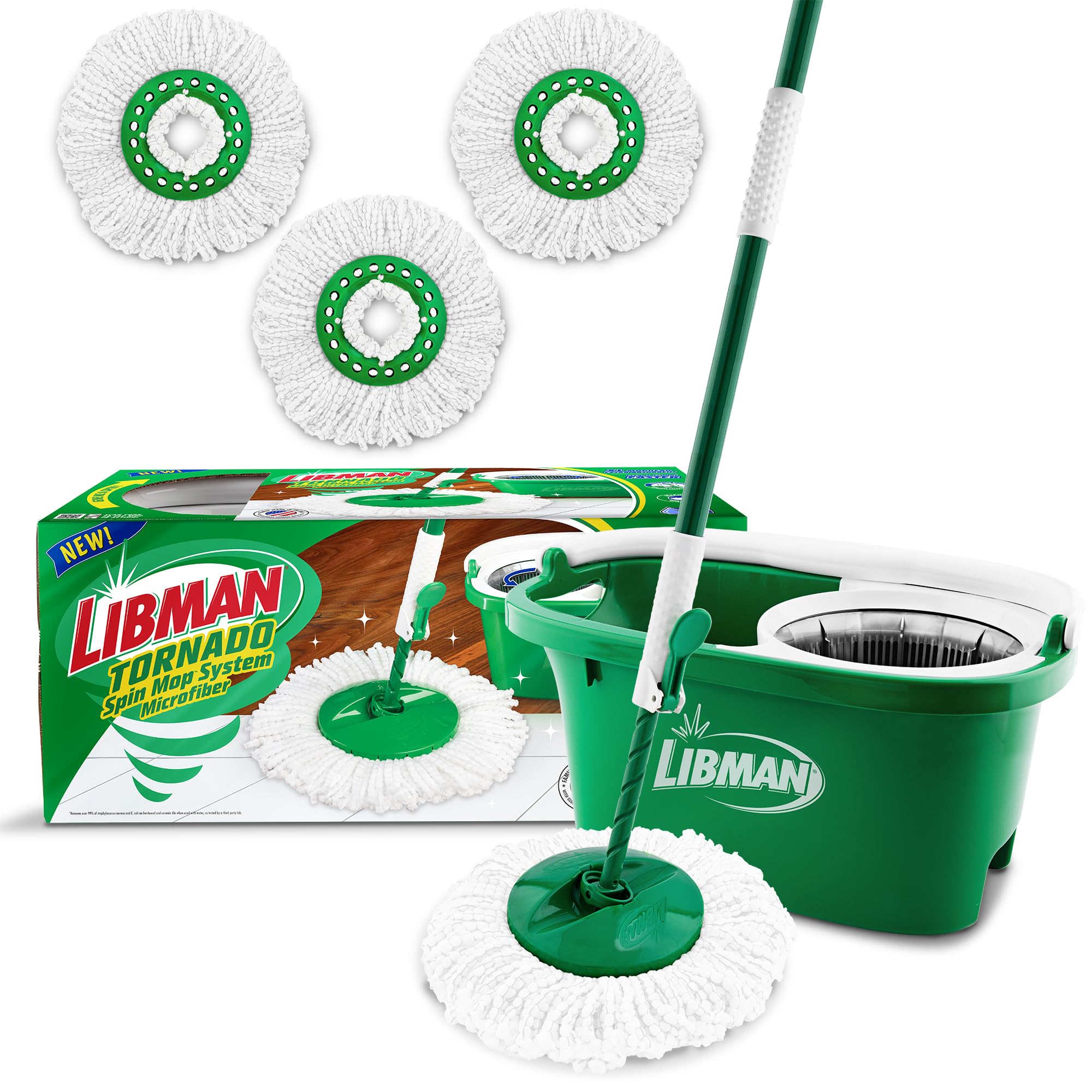 Libman Tornado Spin Mop System with 3 Refill Heads, Microfiber Spinning ...