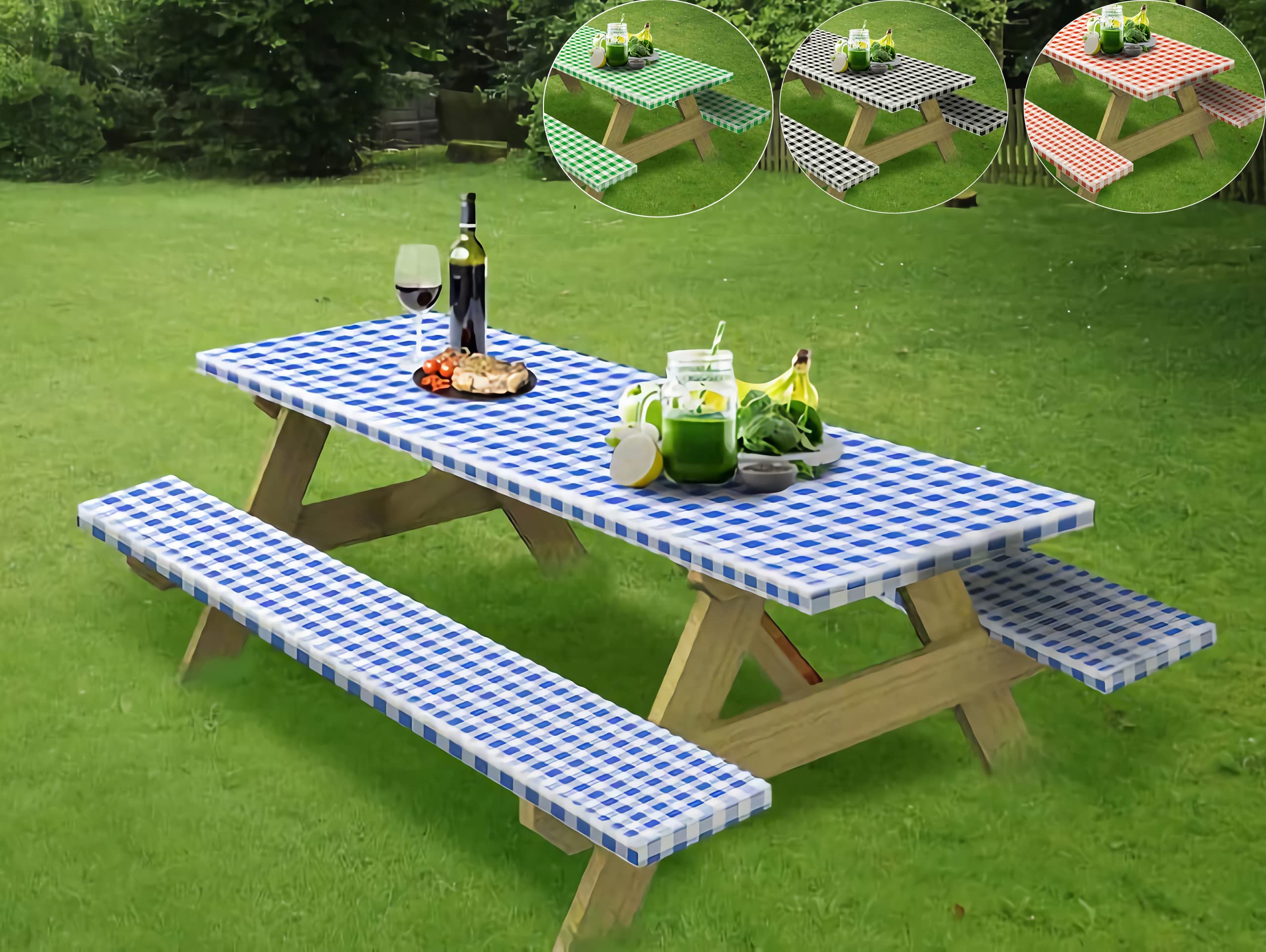 wagude Rectangle Vinyl Camping Picnic Table Cover + Benches 3-pc Set ...