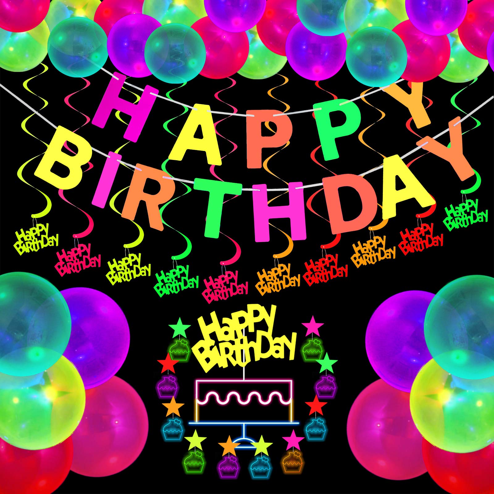 Glow Neon Party Supplies Set Glow in the Dark Happy Birthday Banner ...