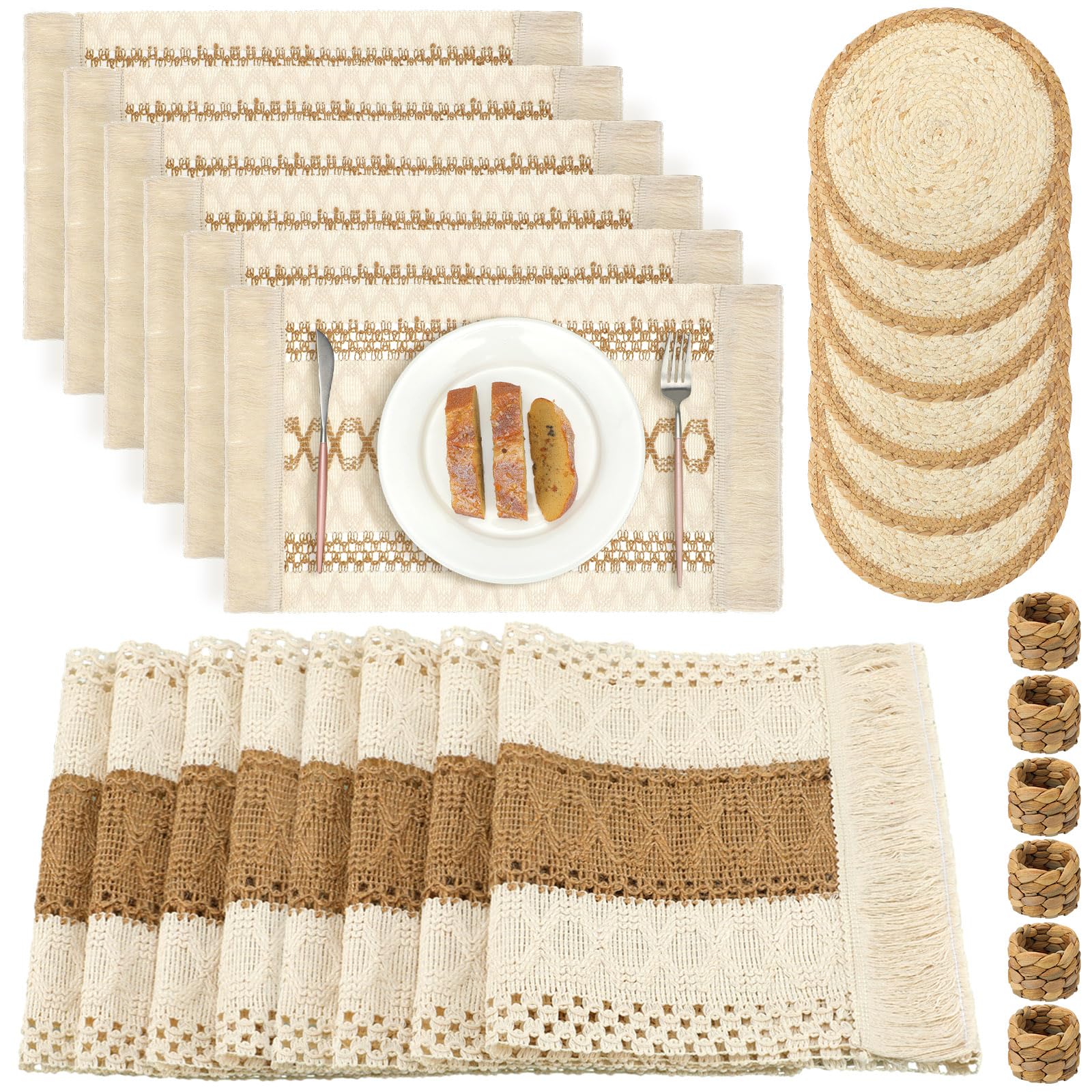 Xuhal 19 Pcs Boho Table Runner Placemat and Napkin Ring Set Woven ...