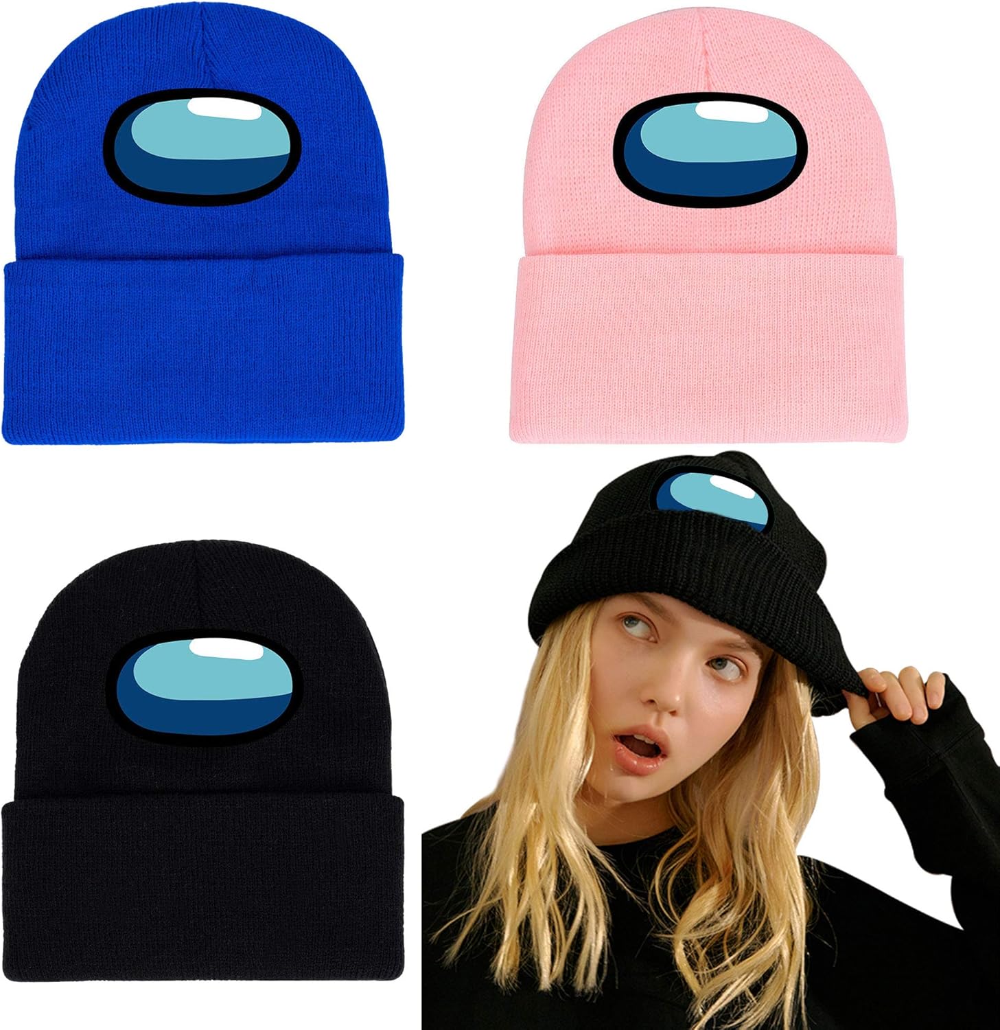 Among-Us Beanie Hat, 3 Pack Rib Knit Beanie Warm Winter Ribbed Knit Cap ...